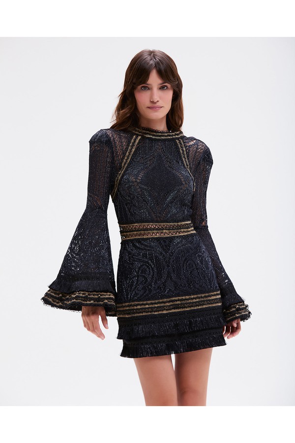 patbo black lace dress Patbo Lace And Fringe Mini Dress - Black