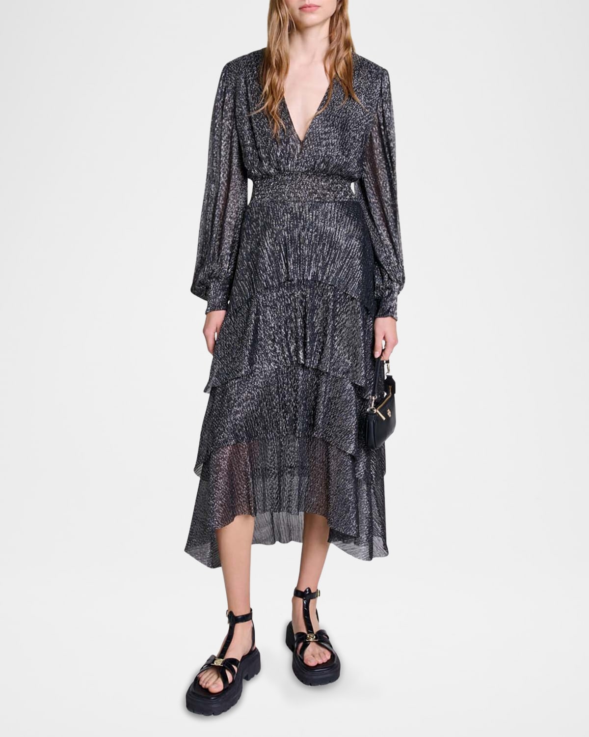 maje ruffini metallic tiered dress Maje Ruffini Metallic Tiered Dress