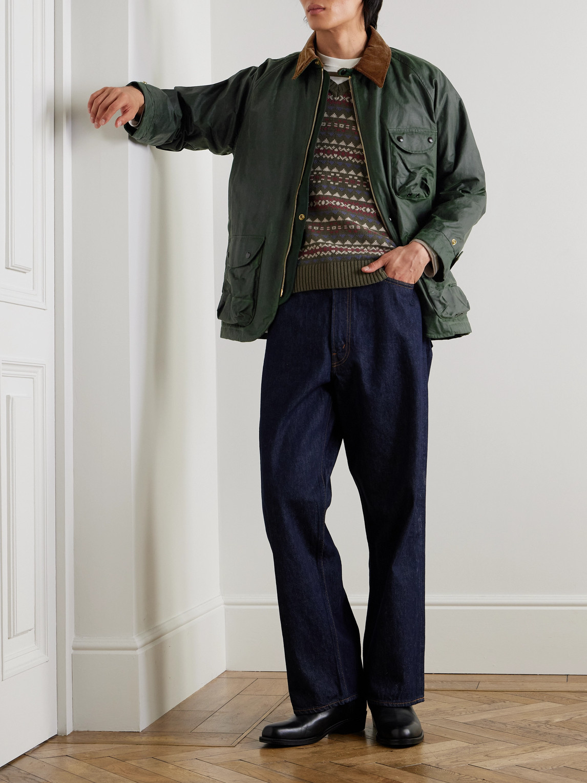 Drake'S Corduroy-Trimmed Waxed-Cotton Jacket In Green 50% Off
