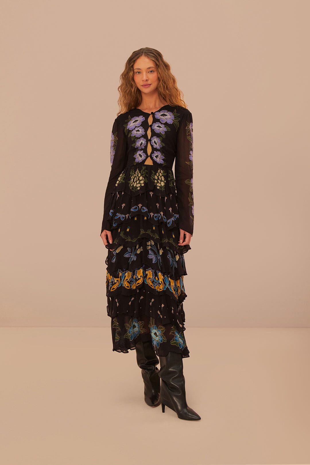 Farm Rio Floral Embroidered Ruffle Maxi Dress - Winter Garden Black |  Editorialist