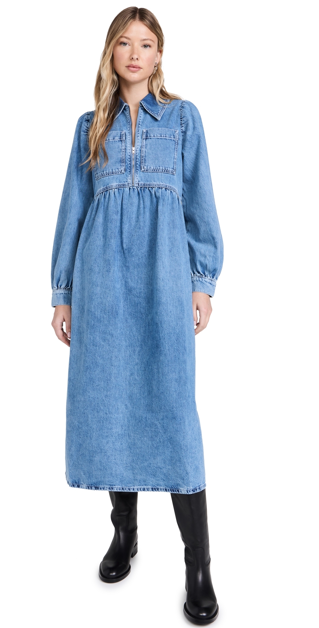white christmas dresses Skylar Short Sleeve Denim Mini Dress in medium wash main image 1