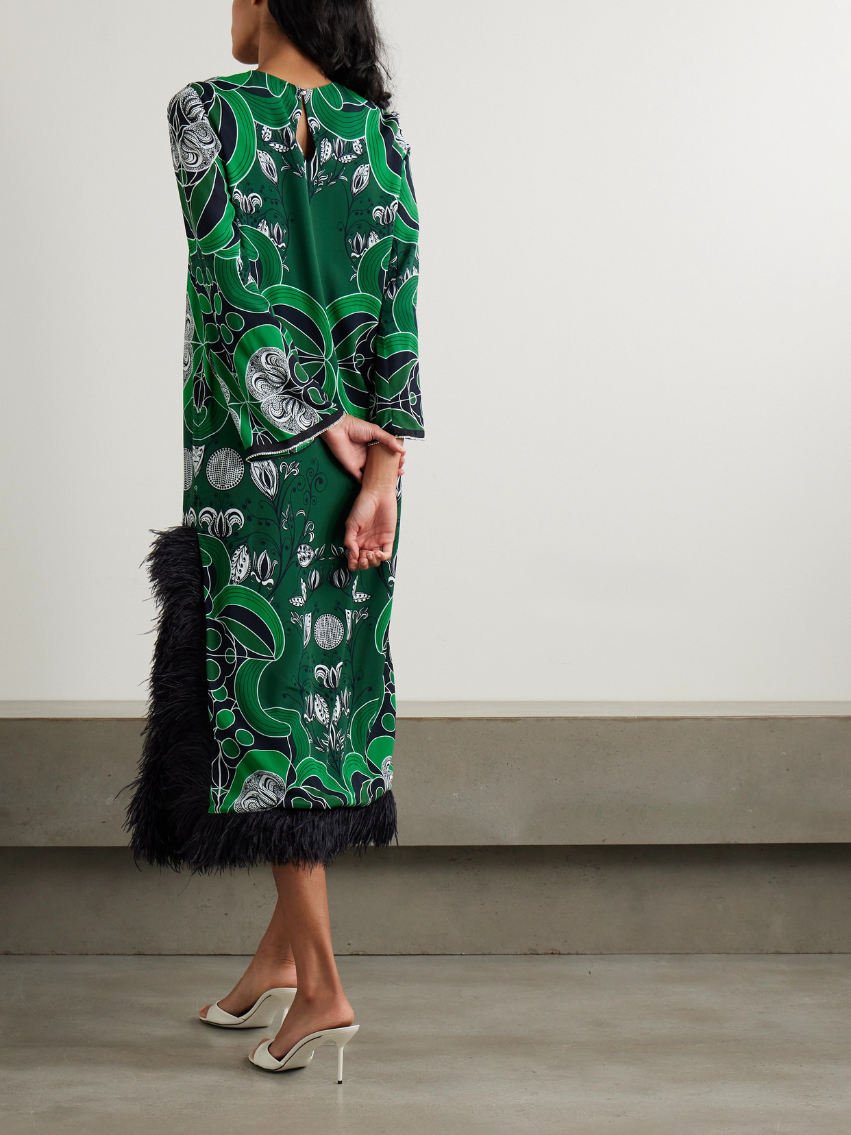 Buy Borgo De Nor Seraphina Crystal-embellished Feather-trimmed Midi Dress - Green At 40% Off