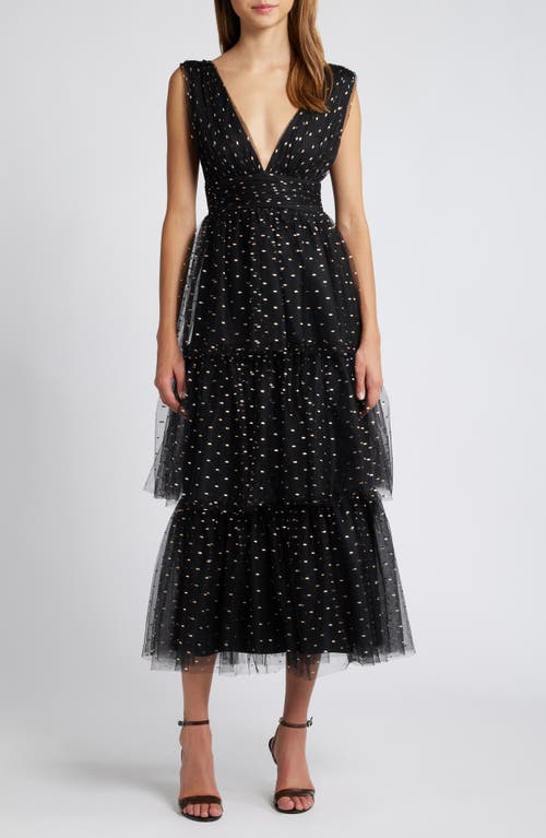 Lulus Metallic Tiered Tulle Midi Dress - Black/Gold/Silver | Editorialist