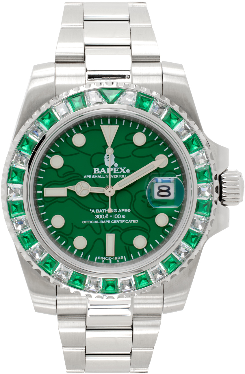 A Bathing Ape Silver & Green Type 1 Crystal Stone Watch In