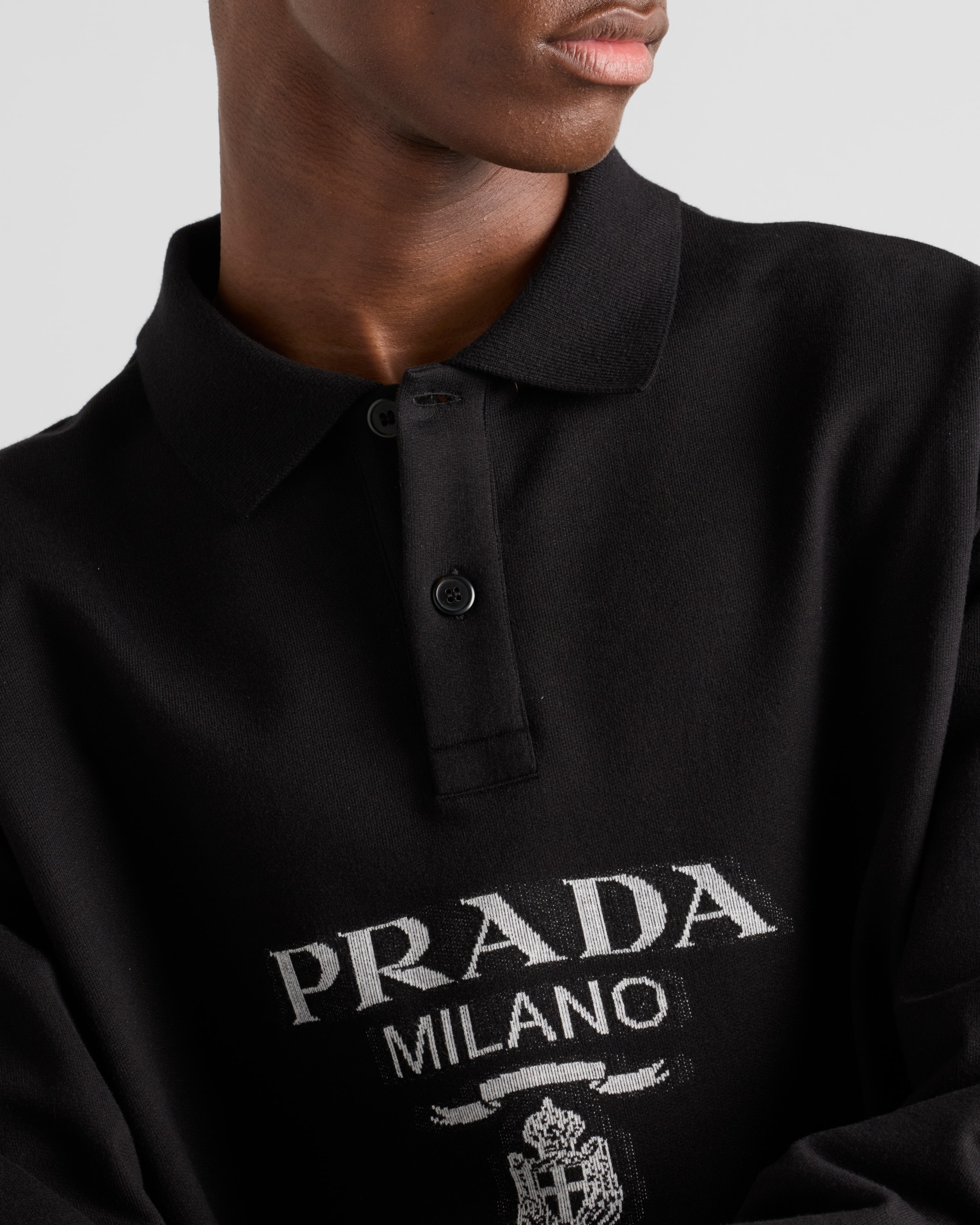 Prada Long-Sleeved Cotton Polo Shirt - Black | Editorialist