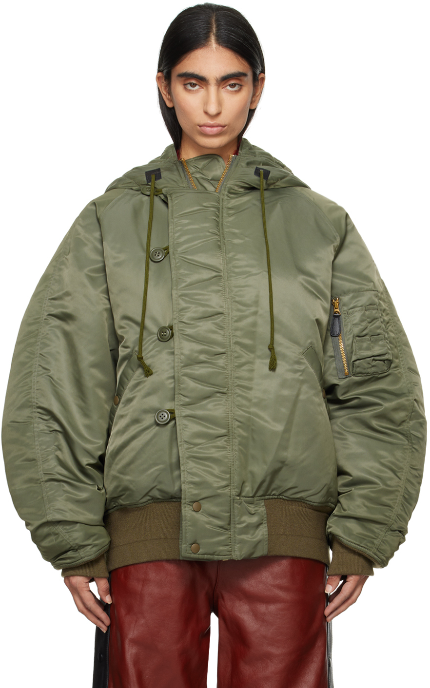 Doublet Petal Mouth Hood Bomber Jacket In Khaki - 60% Off