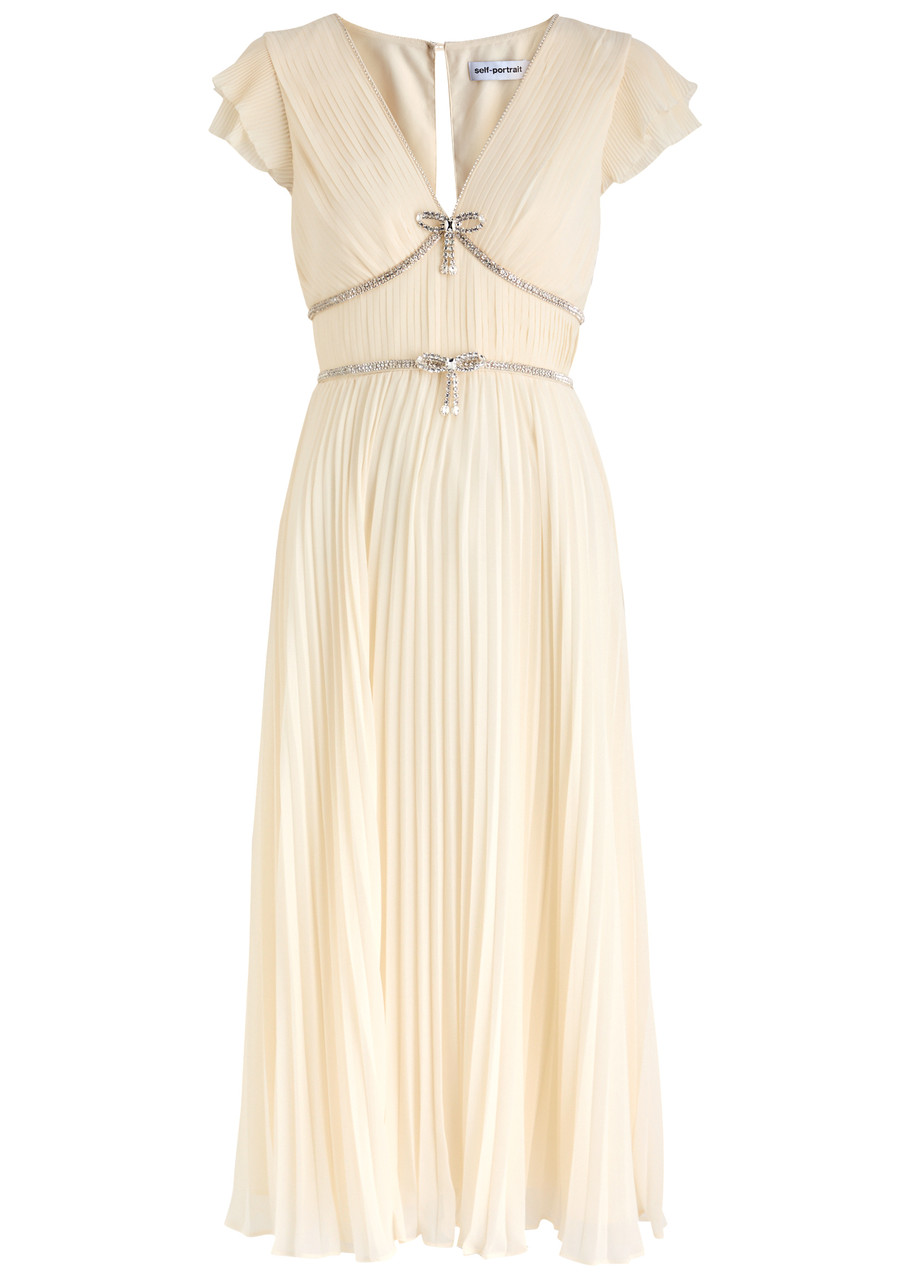 self portrait cream chiffon midi dress Self-Portrait Cream Crystal Bow Detail Chiffon Midi Dress