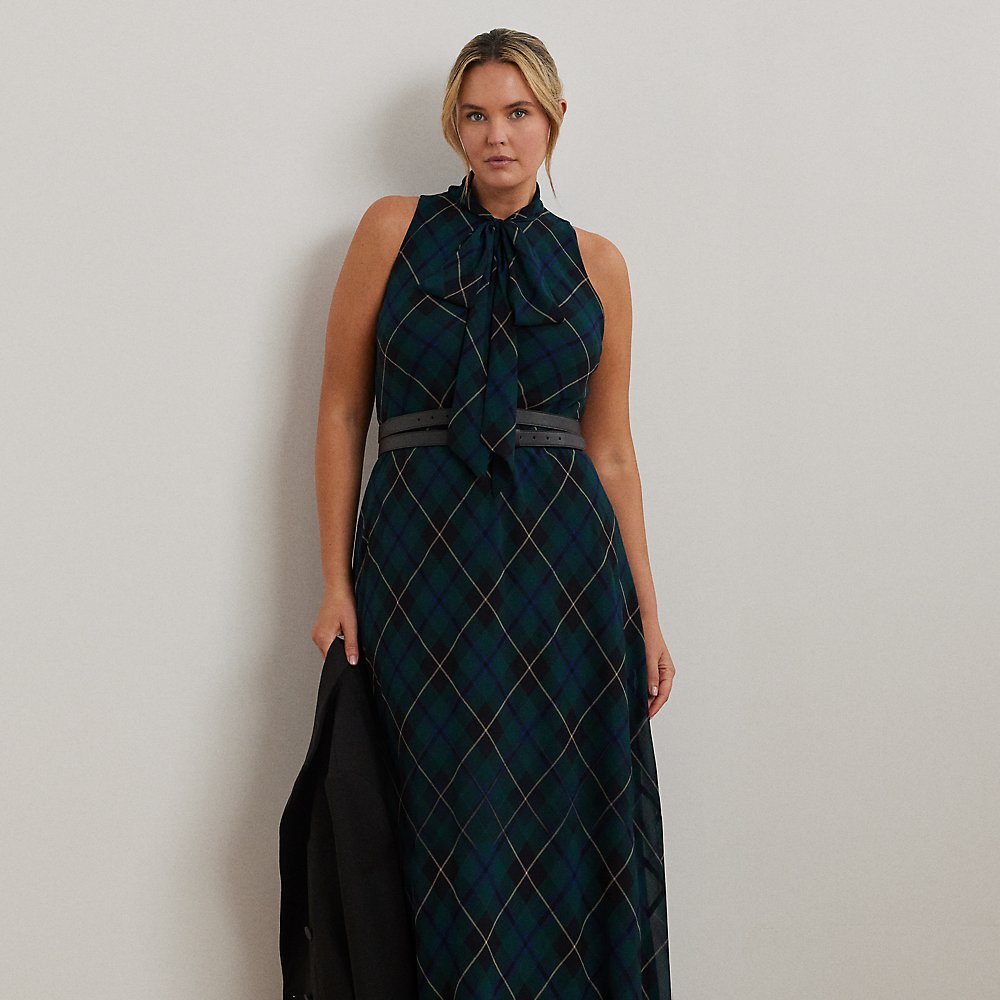 plaid crinkle georgette halter dress Lauren Ralph Lauren Women's Plaid Georgette Tiered Tie-Neck Gown