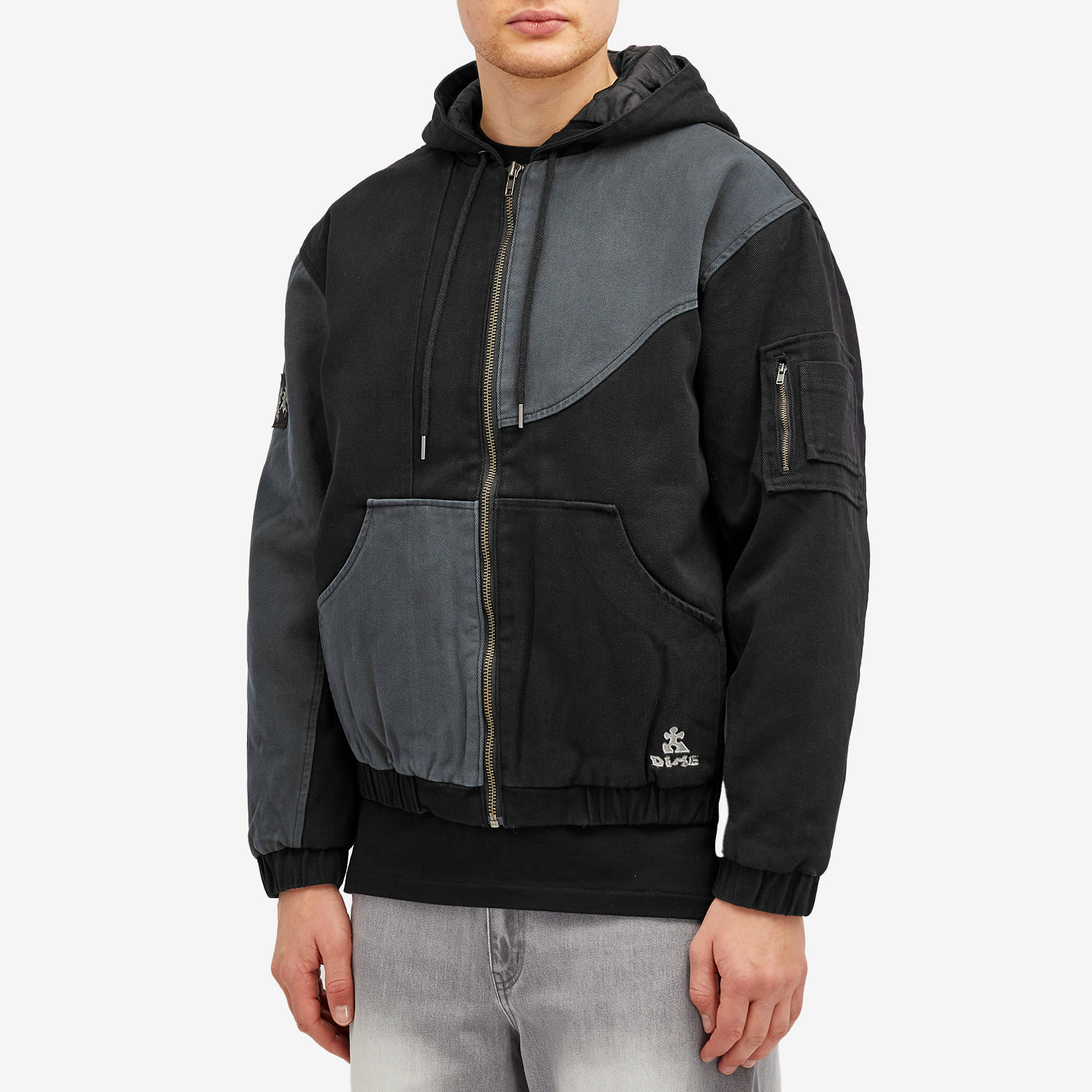 Dime Denim Panel Hooded Bomber Jacket In Charcoal - 35% Off 