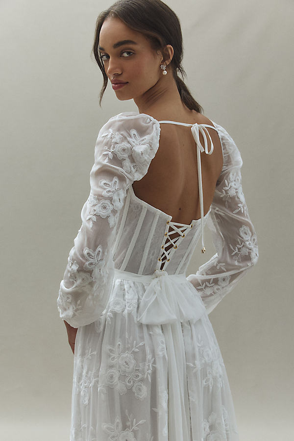 v. chapman carmella long-sleeve ruffled chiffon maxi dress V. Chapman Carmella Long-Sleeve Corset Side-Slit Chiffon Maxi Dress