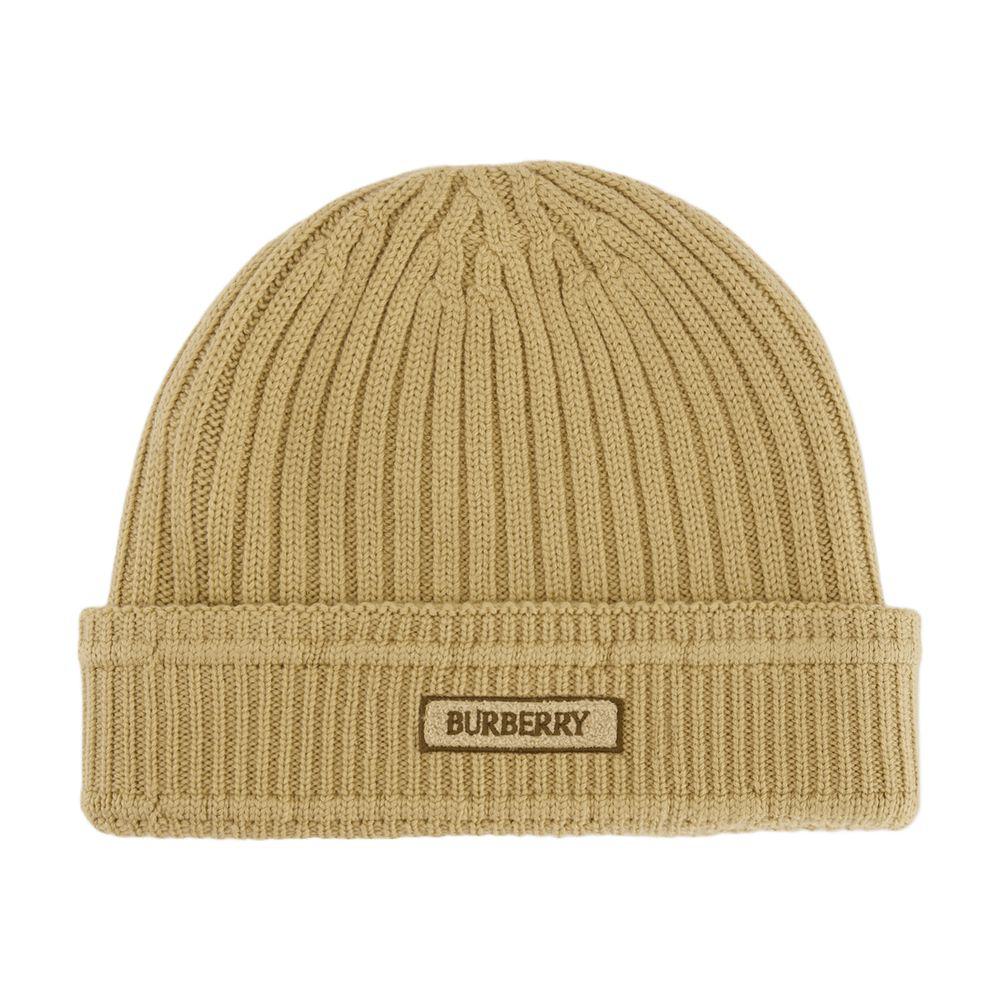 Burberry Cream Ribbed Wool Beanie with Dark Brown Trim Burberry Check ribbed-knit wool beanie in beige - Burberry  main image 4