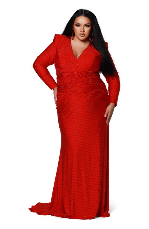 SYDNEY'S CLOSET Johnathan Kayne for Sydney's Closet Ruched Long Sleeve V-Neck Evening Gown