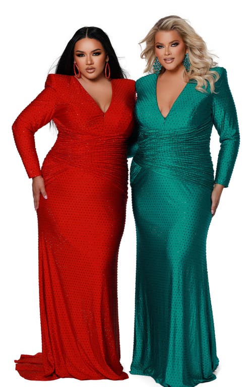 SYDNEY'S CLOSET Johnathan Kayne for Sydney's Closet Ruched Long Sleeve V-Neck Evening Gown
