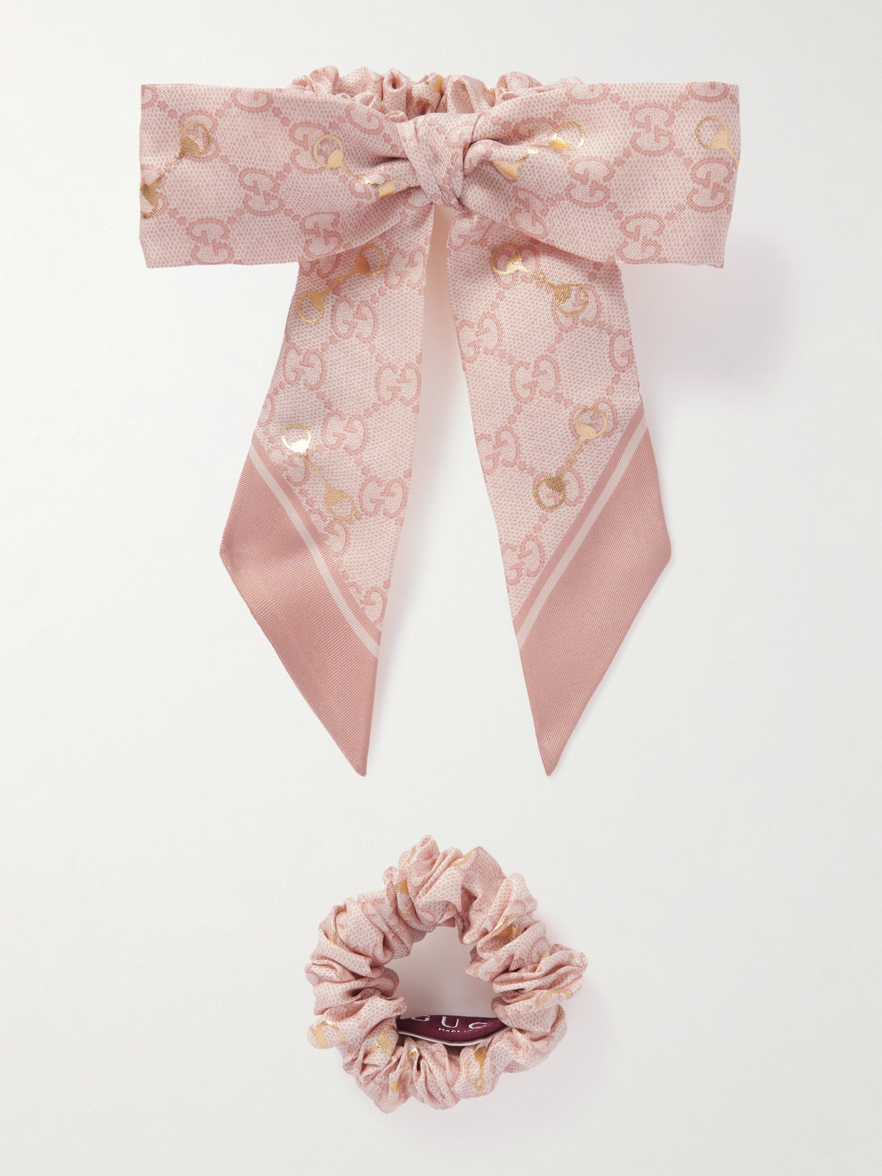 Gucci Gg Printed Metallic Silk Hair Tie And Scrunchie Set - Pink