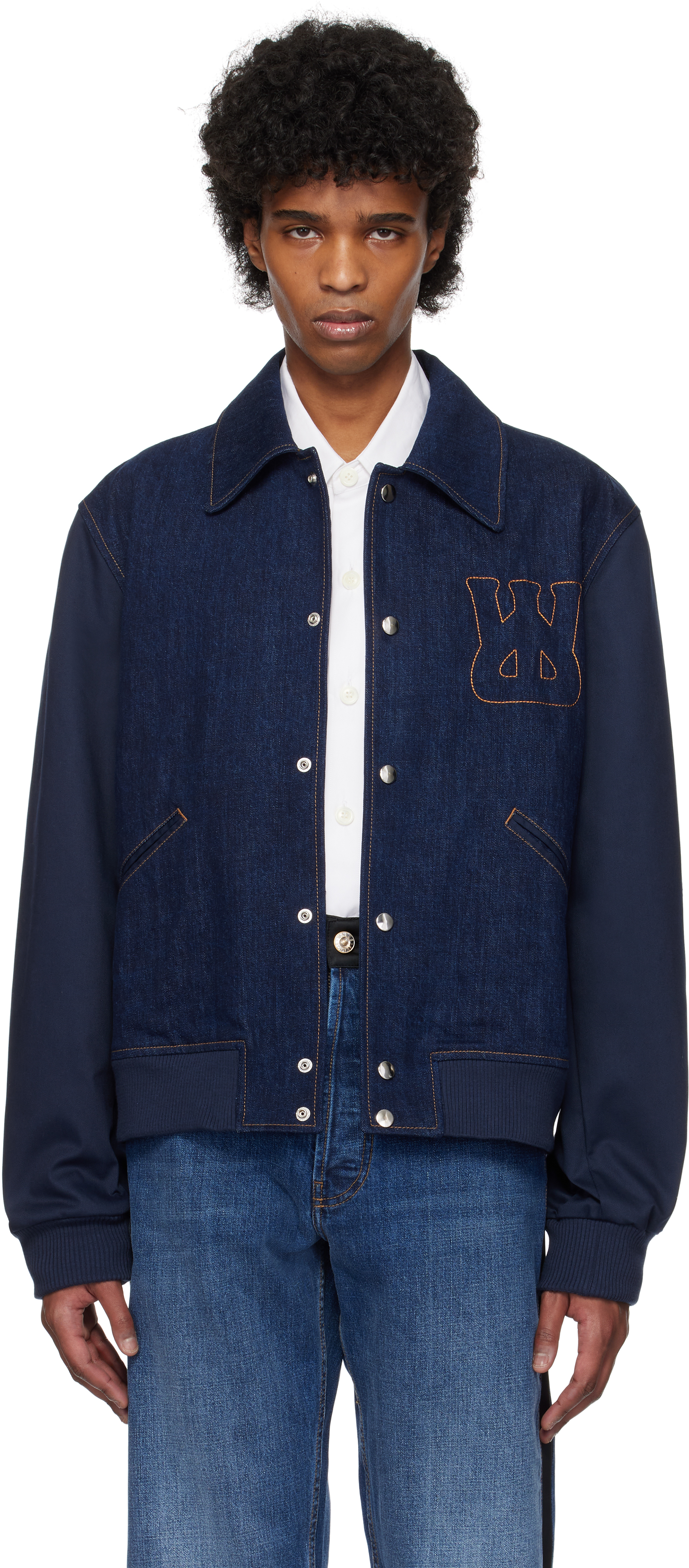 ジャケット・アウター wales bonner ECHO DENIM VARSITY jacket Buy WALES BONNER Echo Denim Varsity Jacket - Indigo At 54% Off
