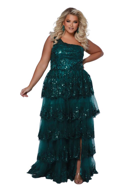 SYDNEY'S CLOSET Sydney's Closet One-Shoulder Tiered Plus Size A-Line Gown