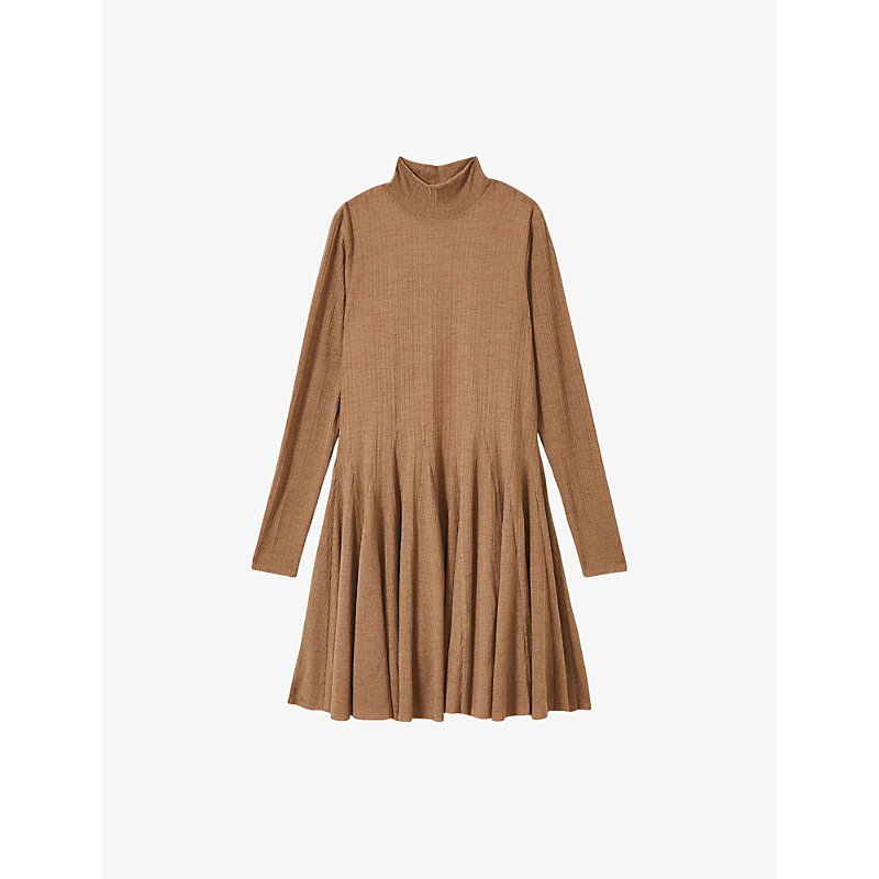 Reiss Savannah Ribbed Flared Jersey Mini Dress In Camel - 62