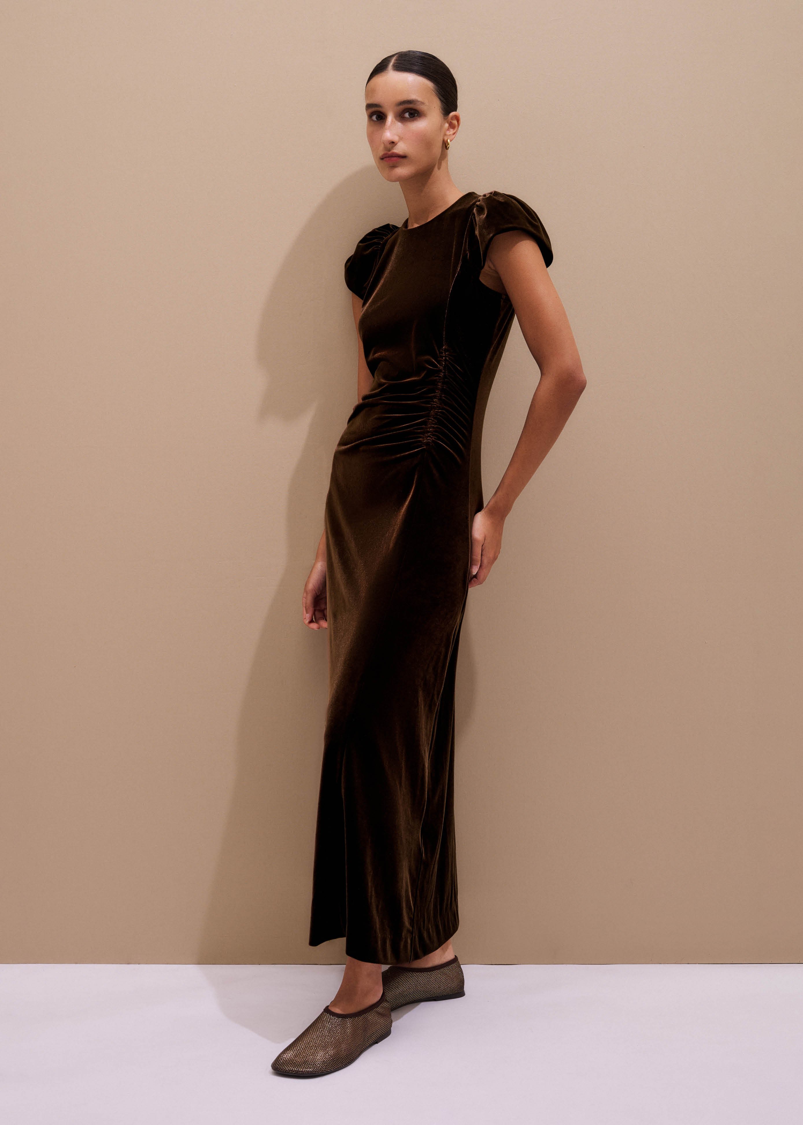 ME+EM Fluid Velour Draped Maxi Dress - Warm Chocolate