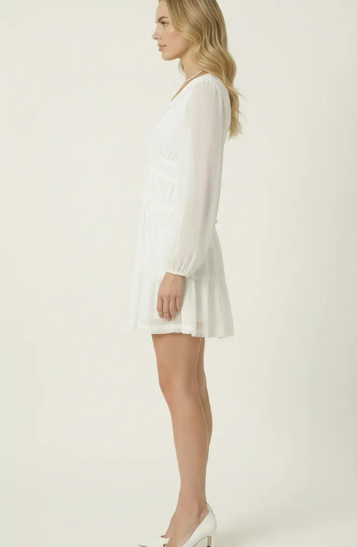 MODENAIRE Long Sleeve V-Neck Ruffle Mini Dress