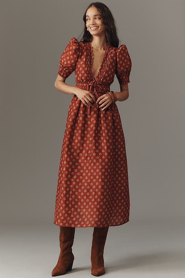 Lovaan Boehm Linen-Silk Puff-Sleeve V-Neck Midi Dress In Auburn Rose - 36%  Off | Editorialist