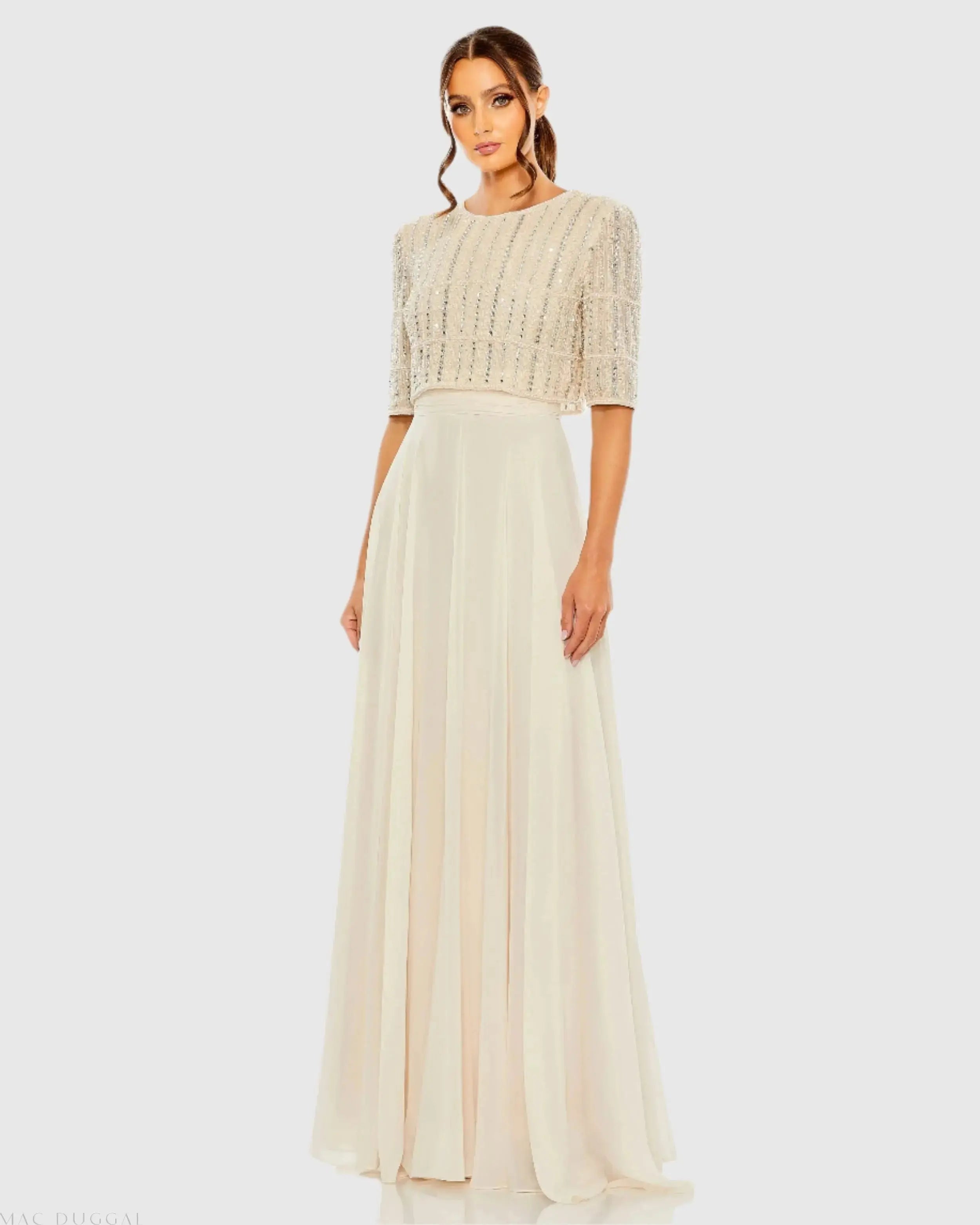 Mac Duggal - Beige Chiffon Gown w/ Fully Beaded 3/4 Sleeve Top - US 4