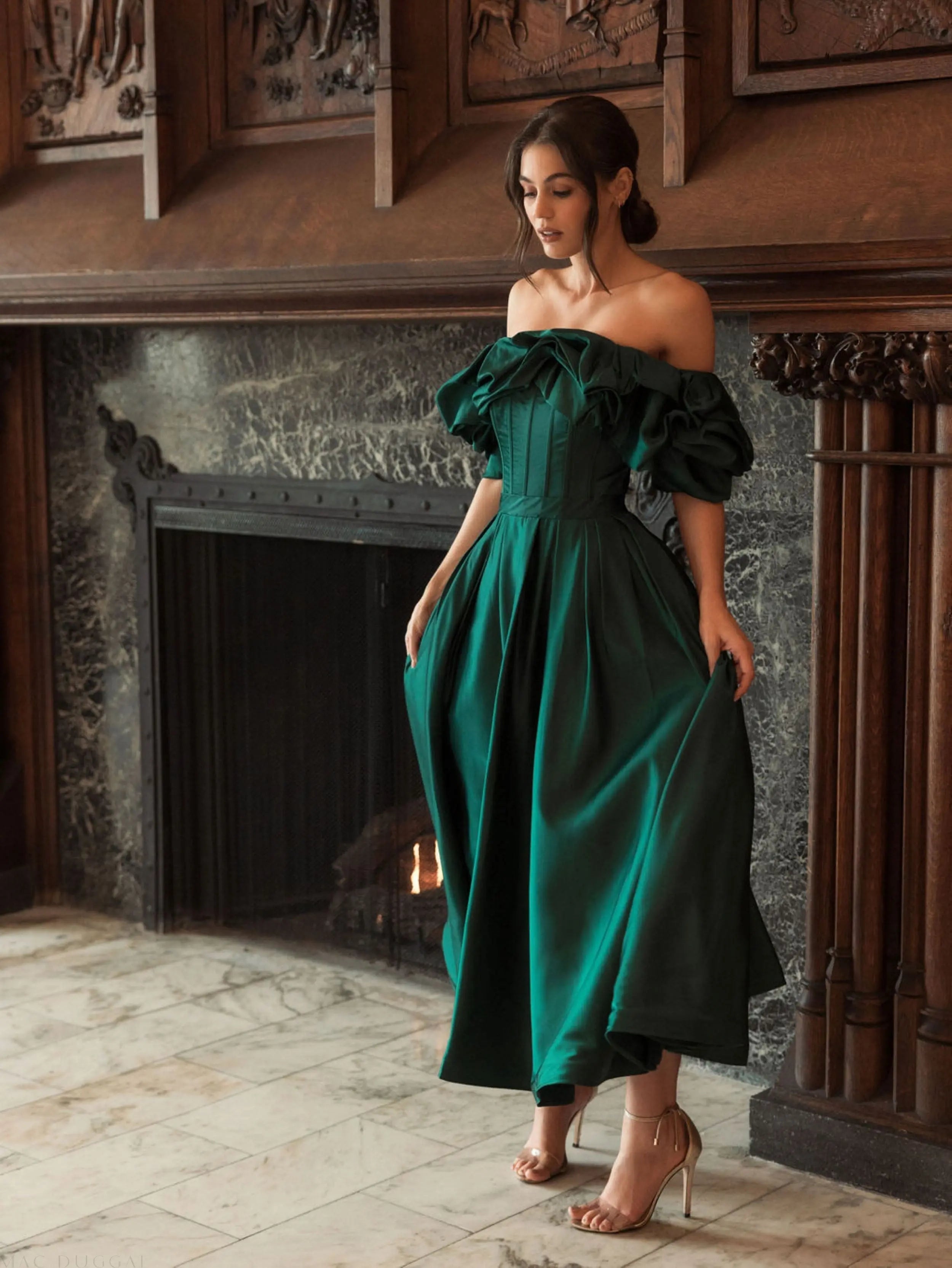 Mac Duggal Satin Off-The-Shoulder Tea-Length Gown - Green | Editorialist