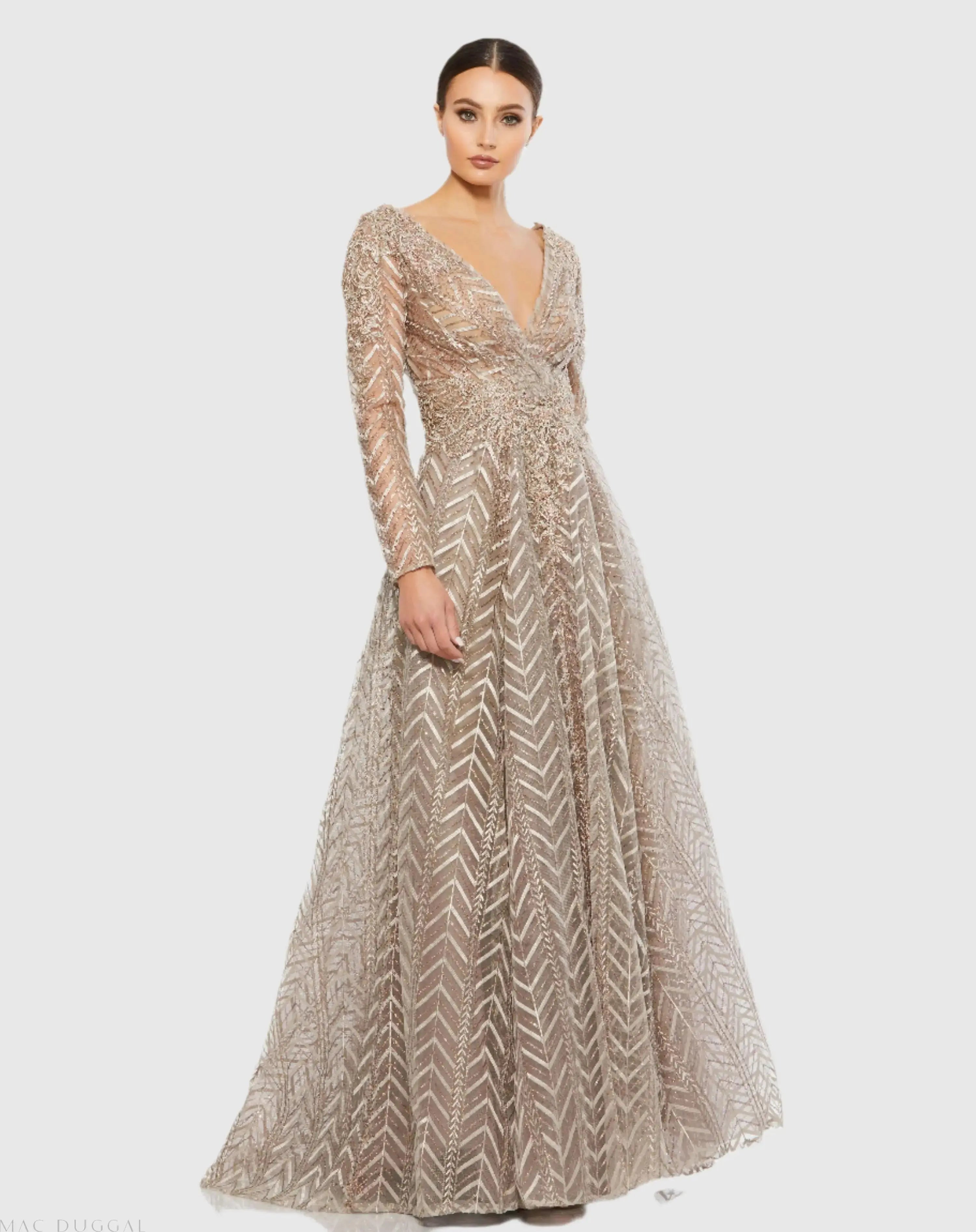 Mac Duggal Embellished Illusion Long Sleeve A-Line Gown - Mocha |  Editorialist