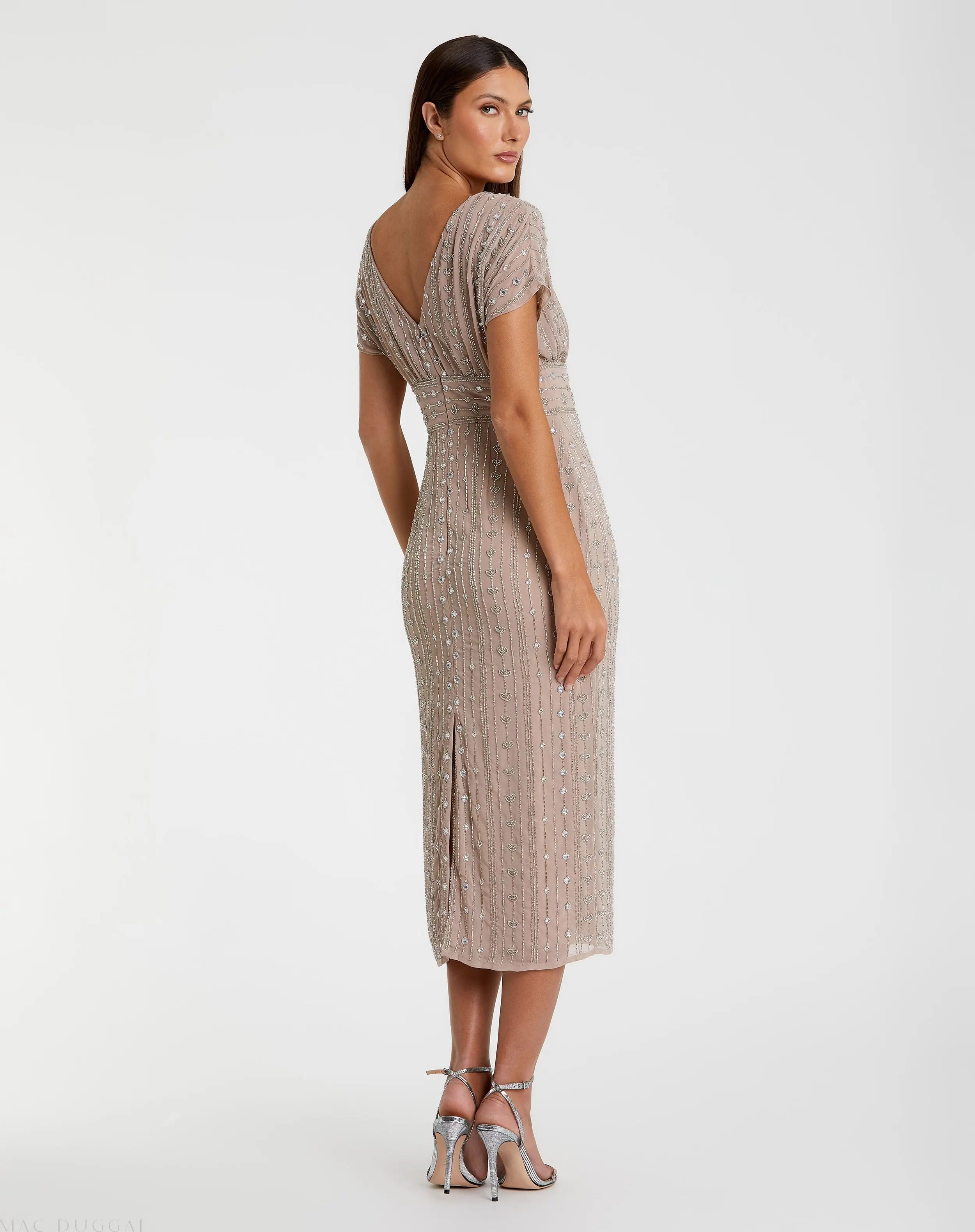 Mac Duggal Beaded Empire Waist Column Midi Dress - Dark Mocha | Editorialist Mac Duggal Beaded Empire Waist Column Midi Dress - Dark Mocha | Editorialist