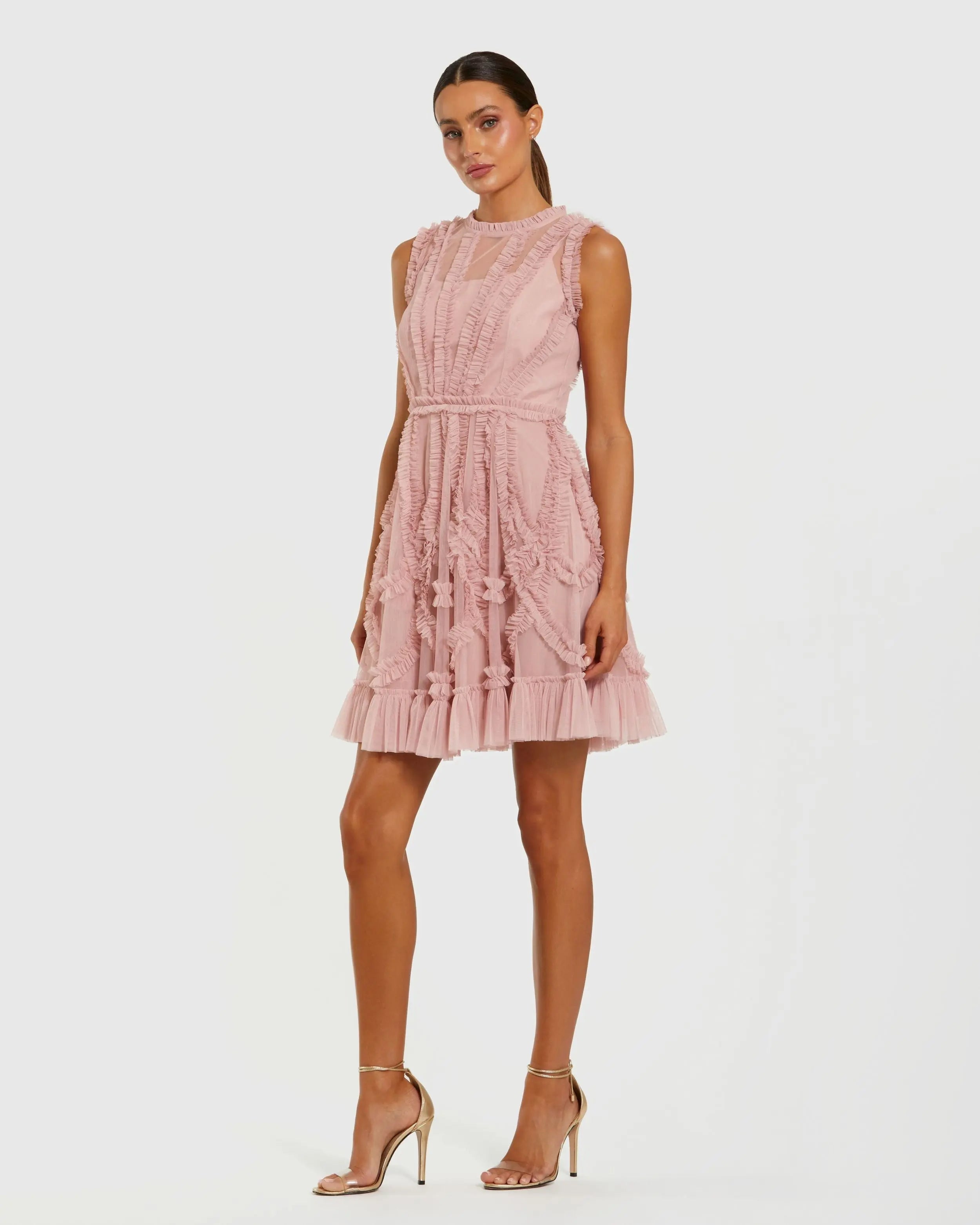 Mac Duggal High Neck Sleeveless Ruffle Mini Dress - Pink | Editorialist