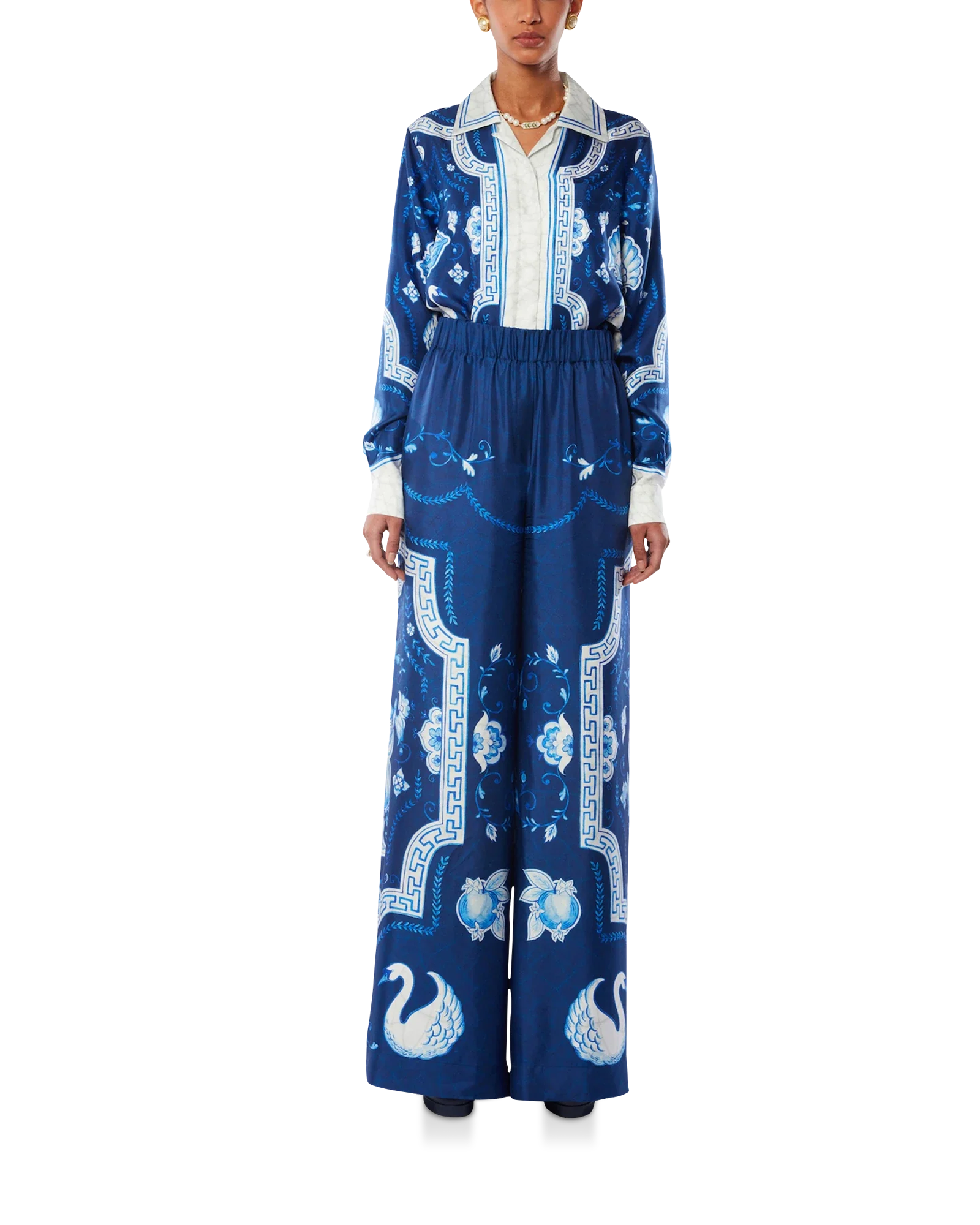 CASABLANCA Casablanca Paris Plat A Dessert Bleu Printed Silk Trousers