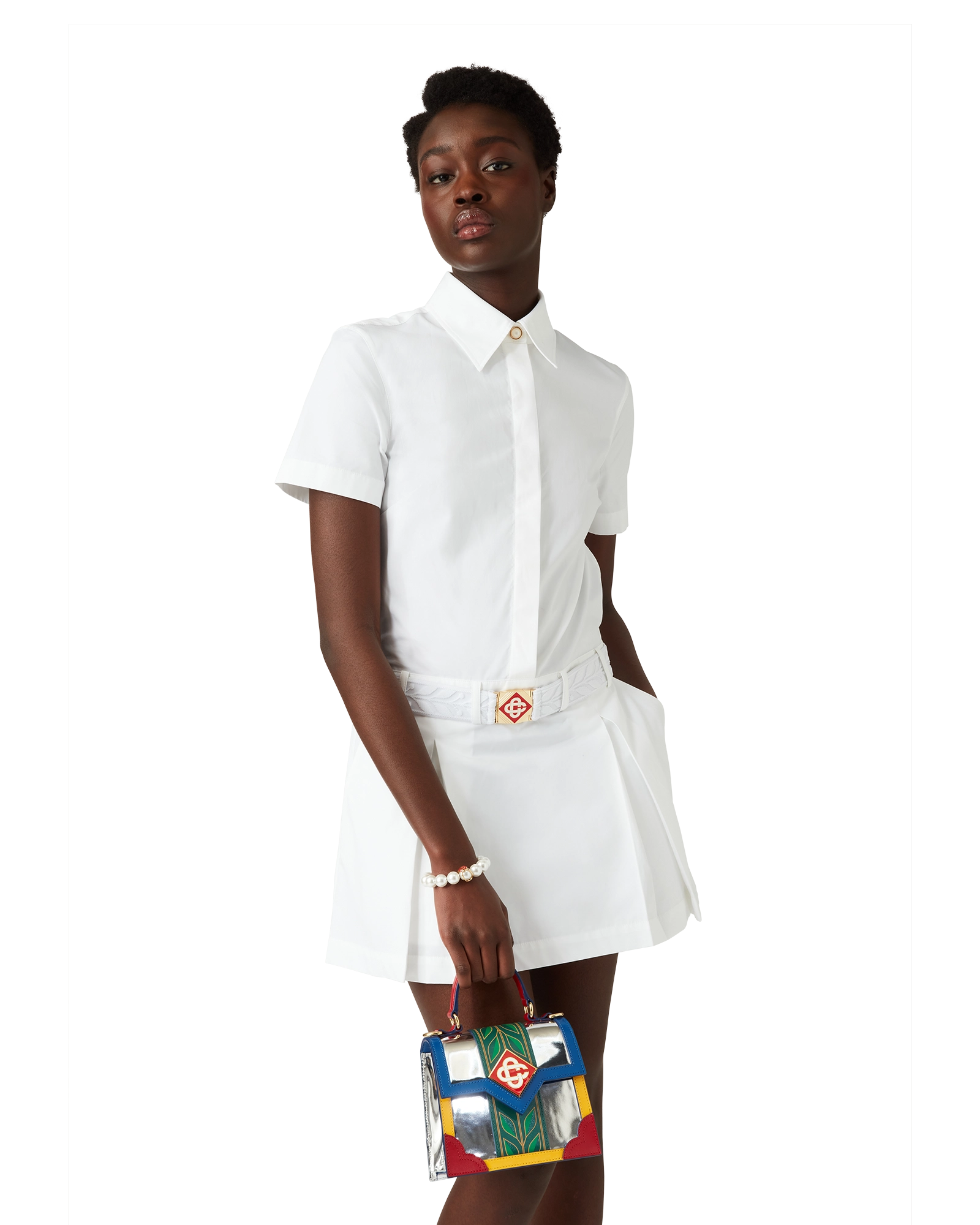 casablanca pleated mini dress CASABLANCA Lurex Jacquard Pleated Mini Polo Dress