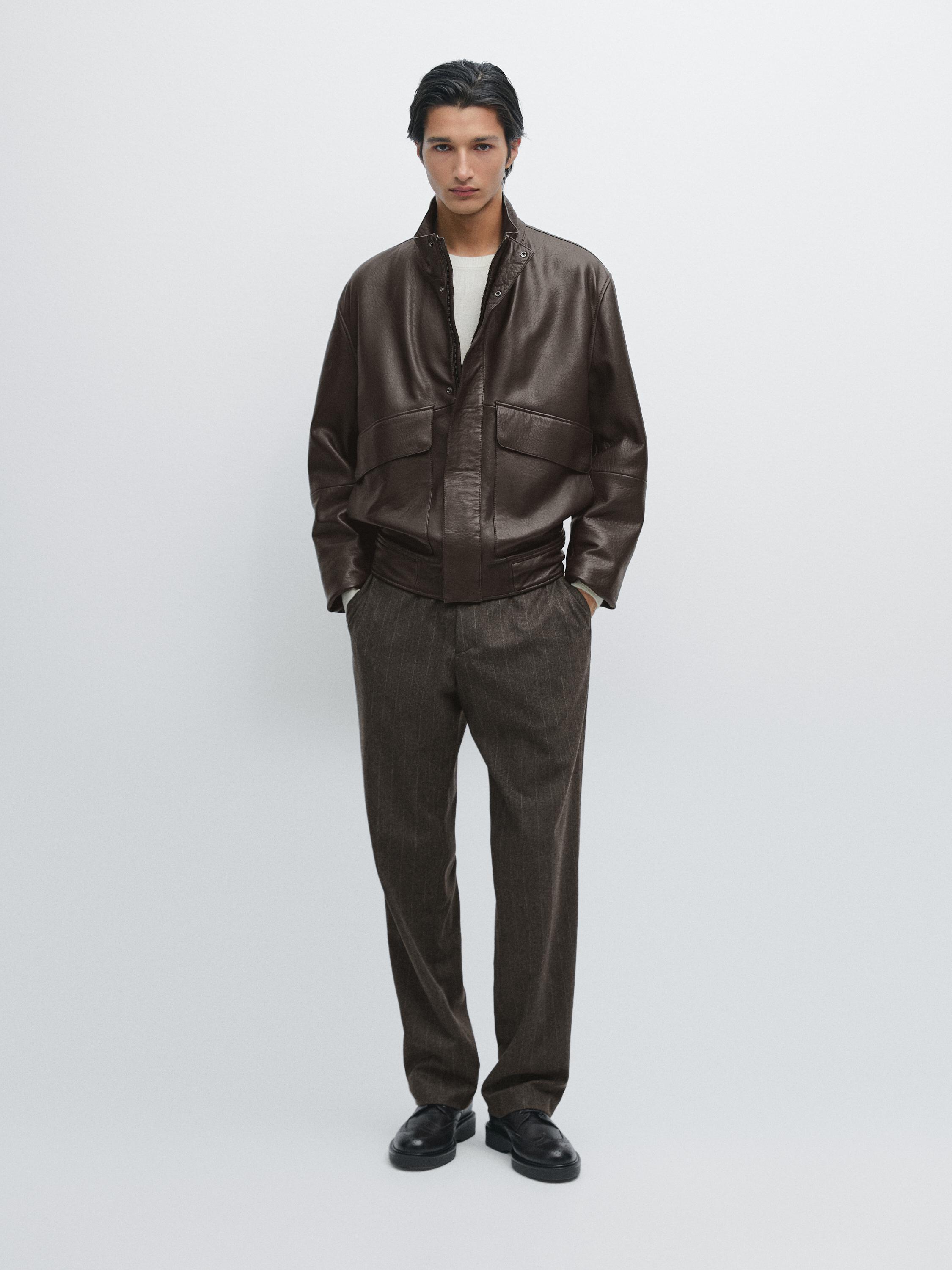 Massimo Dutti Nappa Leather Jacket With Pockets - Brown | Editorialist