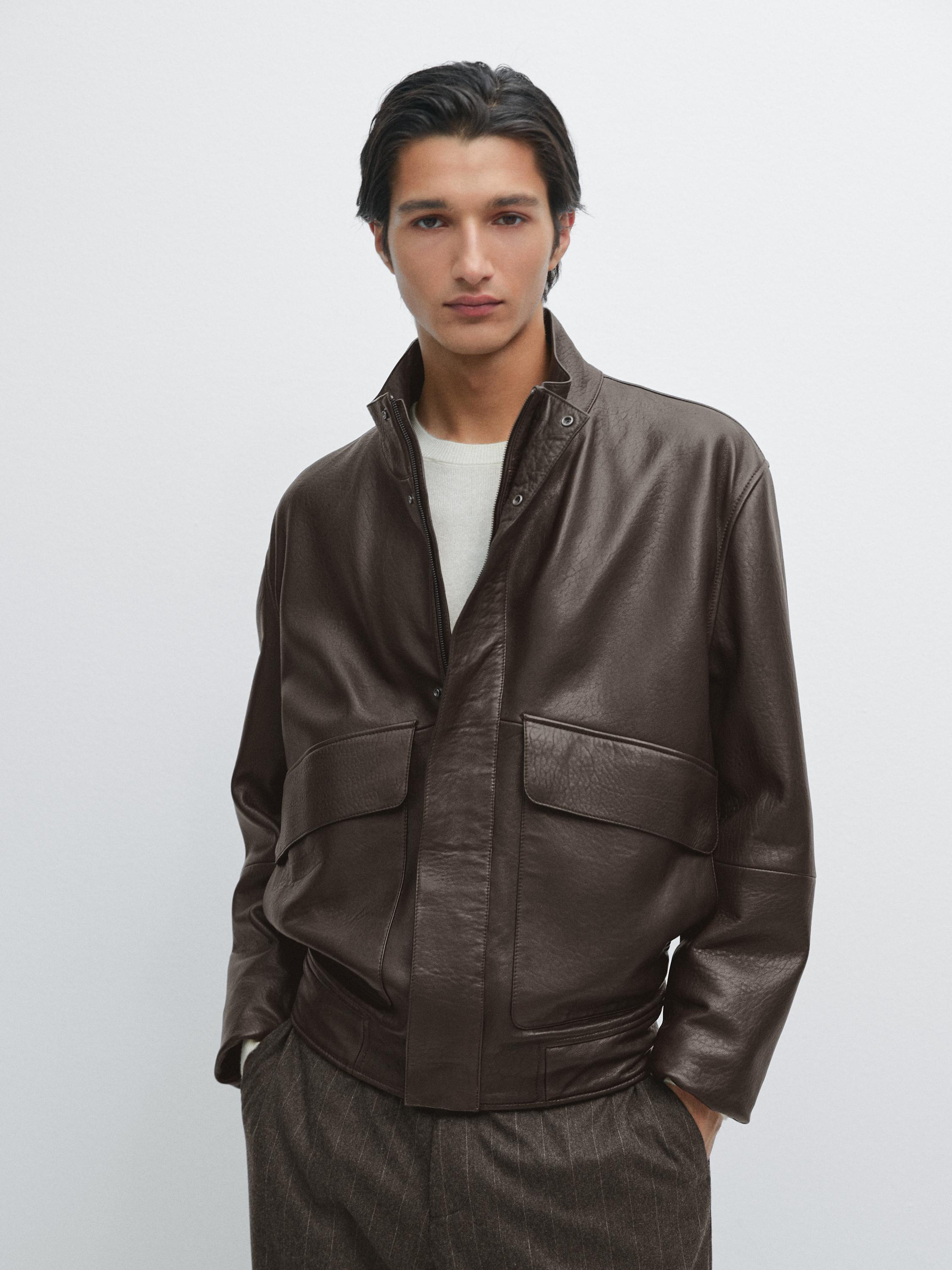 Massimo Dutti Nappa Leather Jacket With Pockets - Brown | Editorialist