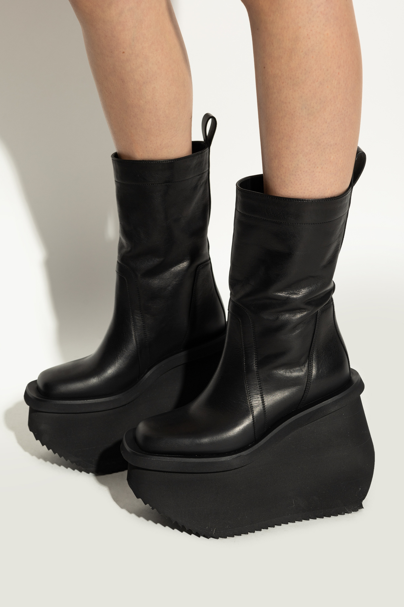 Rick Owens Factory Leather Wedge Boots In Black - 35% Off