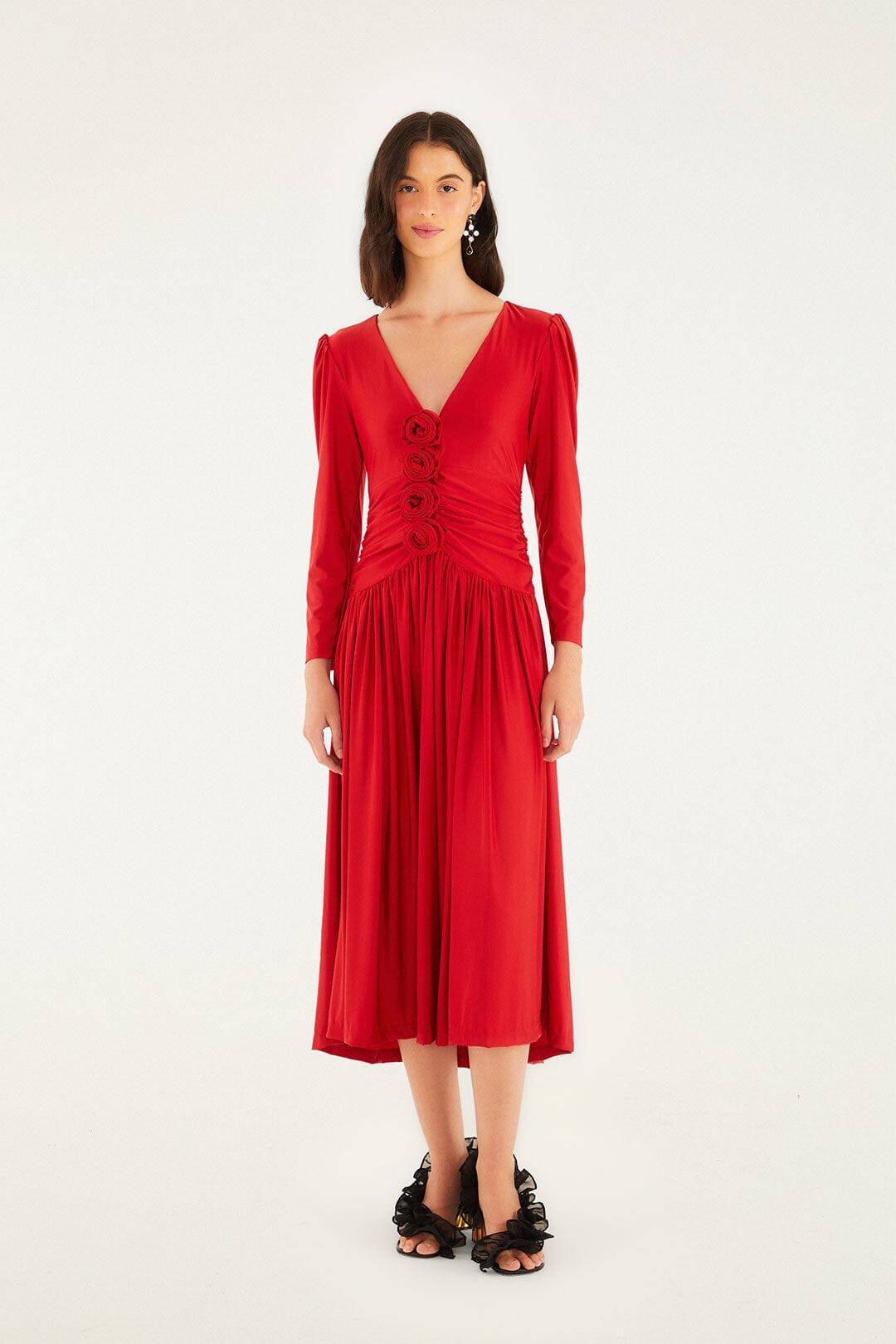 Farm Rio ProvisRio 3d Roses Long Sleeve Draped Midi Dress - Red |  Editorialist