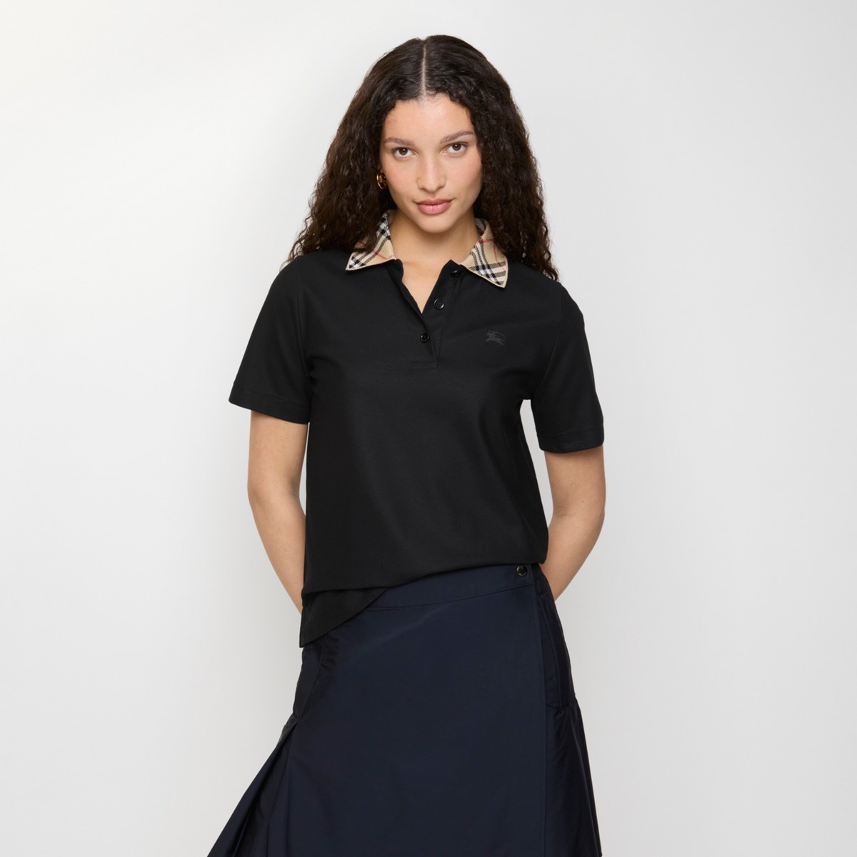 BURBERRY Burberry Check Collar Cotton Piqué Polo Shirt