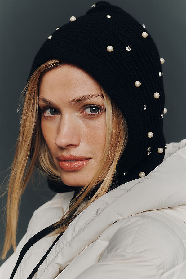 Flat White Embellished Knit Tie-Bonnet Flat White Rhinestone Embellished Knit Bonnet In Red - 33  main image 3