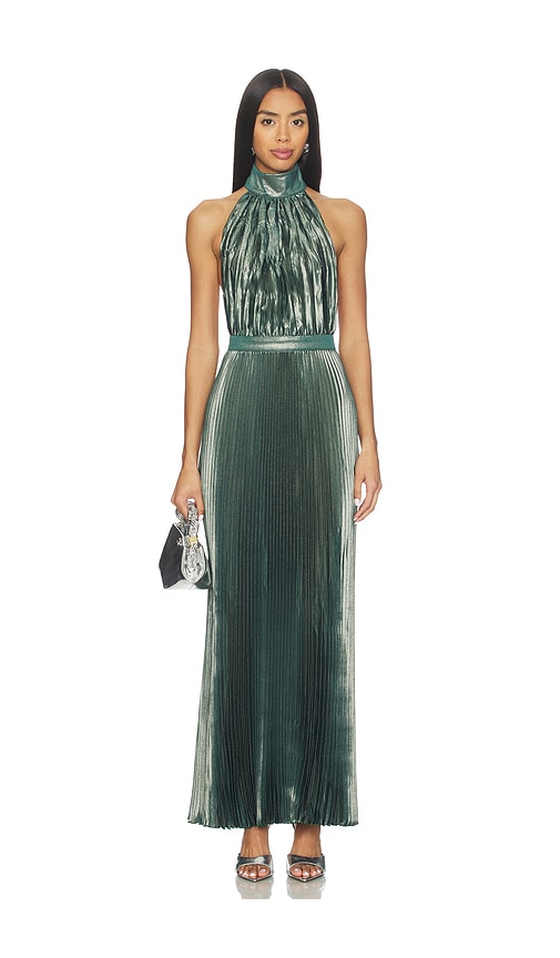 hutch liona halter v-neck tulle maxi dress Hunter Green V-Neck Tulle Maxi Dress with Criss Cross Back main image 1