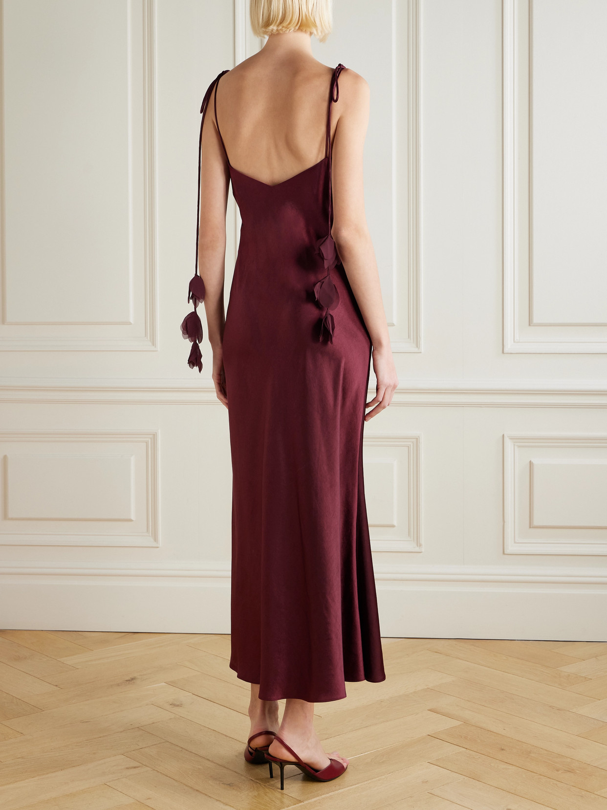 Self Portrait Pink Satin Dress Self-Portrait Georgette-Trimmed Draped Satin  Midi Dress Burgundy Editorialist