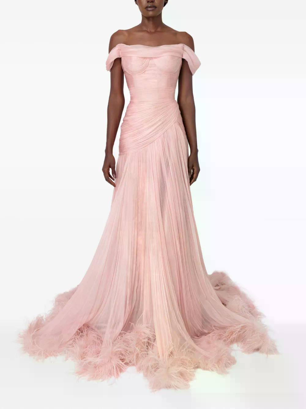 IRIS SERBAN Petal Off-Shoulder Feathered Maxi Dress