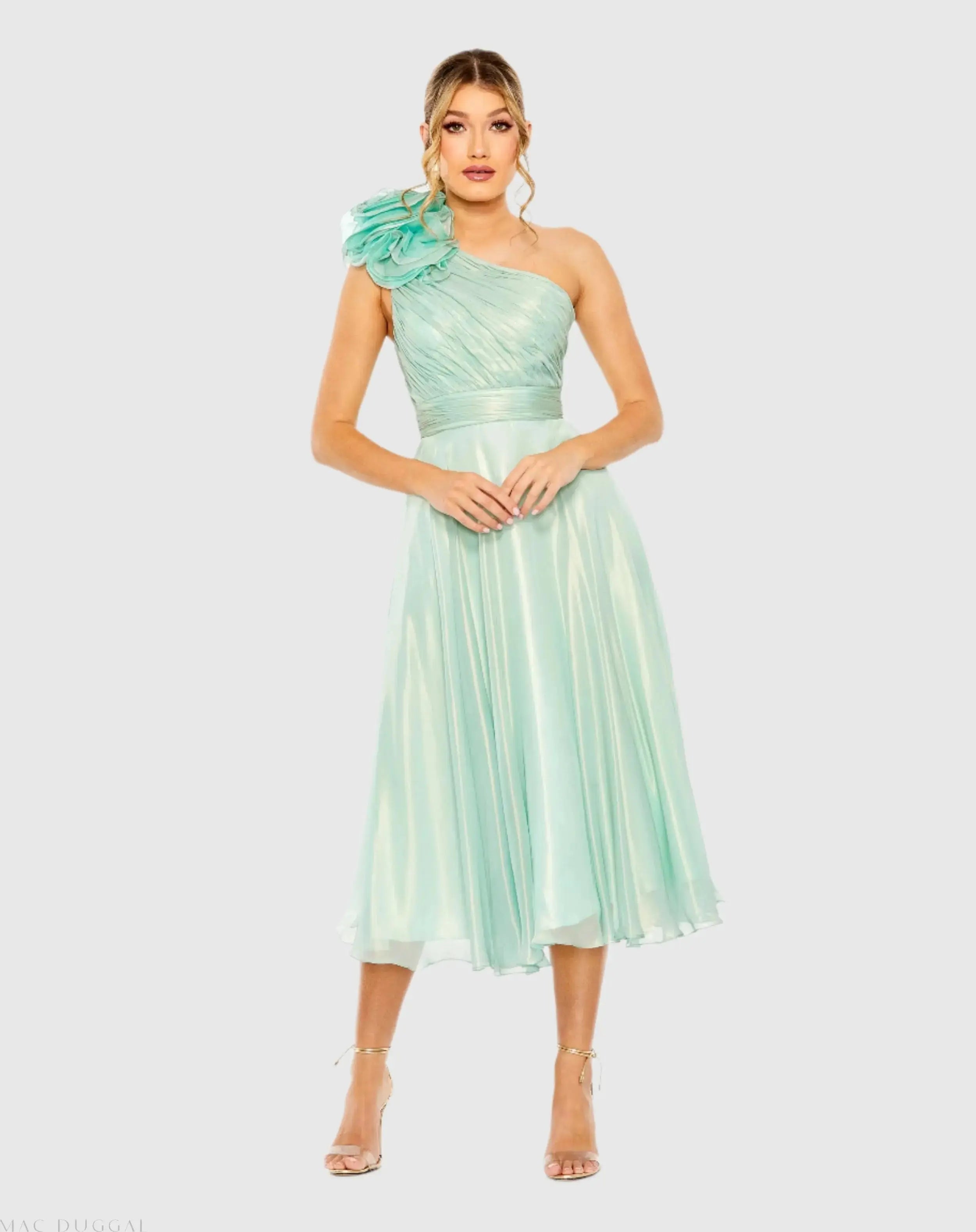 Mac Duggal One-Shoulder Pleated Tea-Length Dress - Green | Editorialist Mac Duggal One-Shoulder Pleated Tea-Length Dress - Green | Editorialist