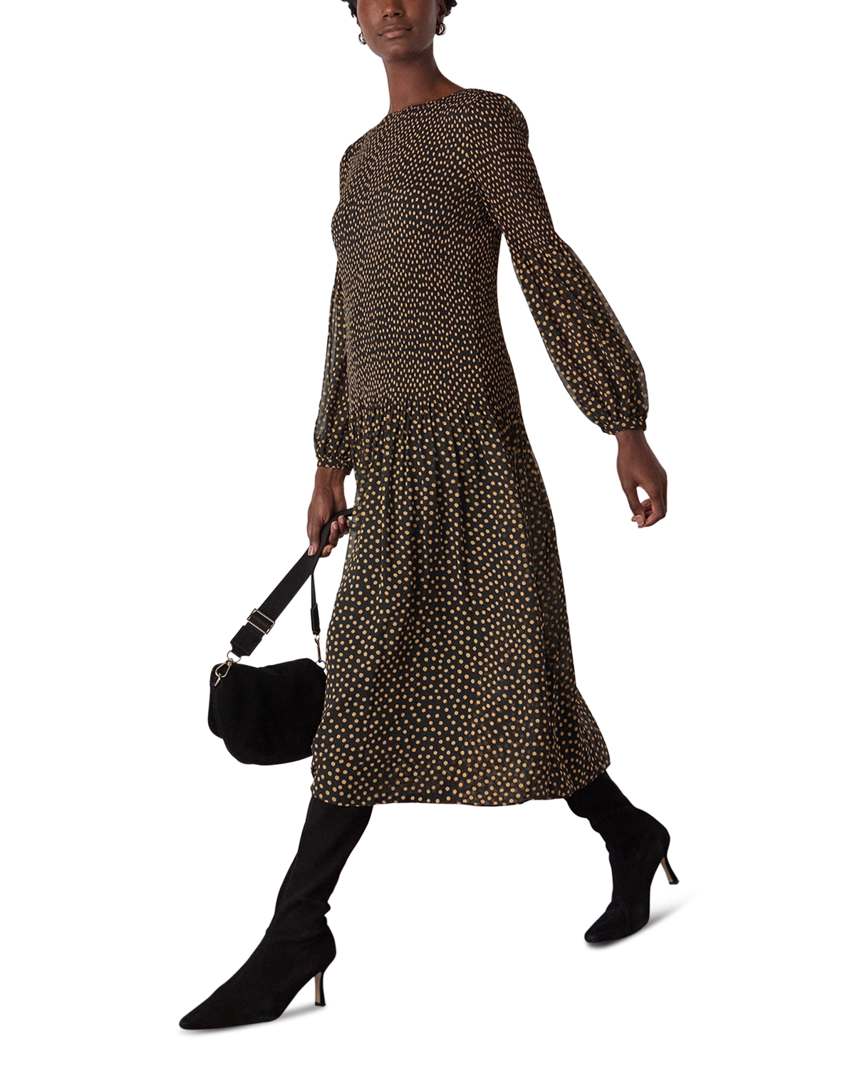 WHISTLES Spot Print Plisse Midi Dress