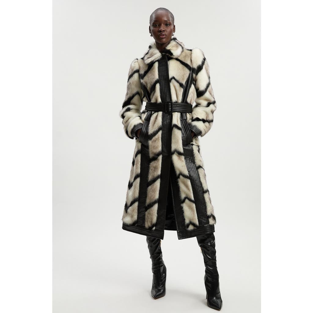 KAREN MILLEN Karen Millen Stripe Faux Fur Belted Long Coat