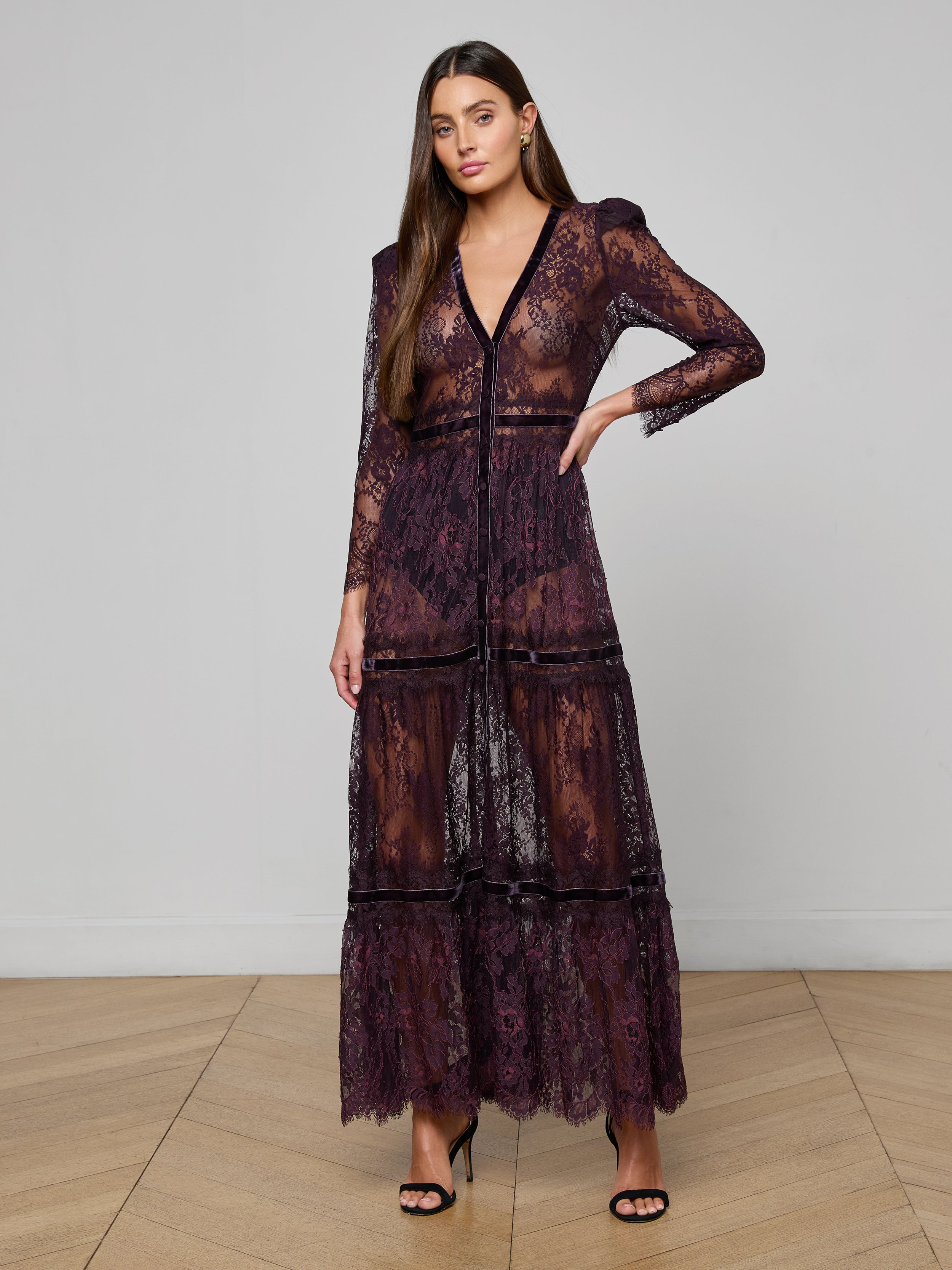 L'Agence Poe Lace Maxi Dress In Dark Malbec - 50% Off | Editorialist