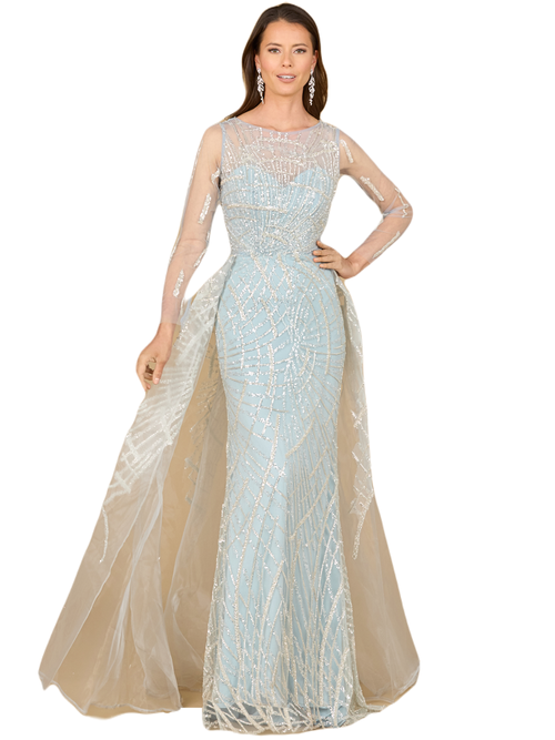 LARA NEW YORK Long Sleeve Lace Gown with Tulle Overskirt