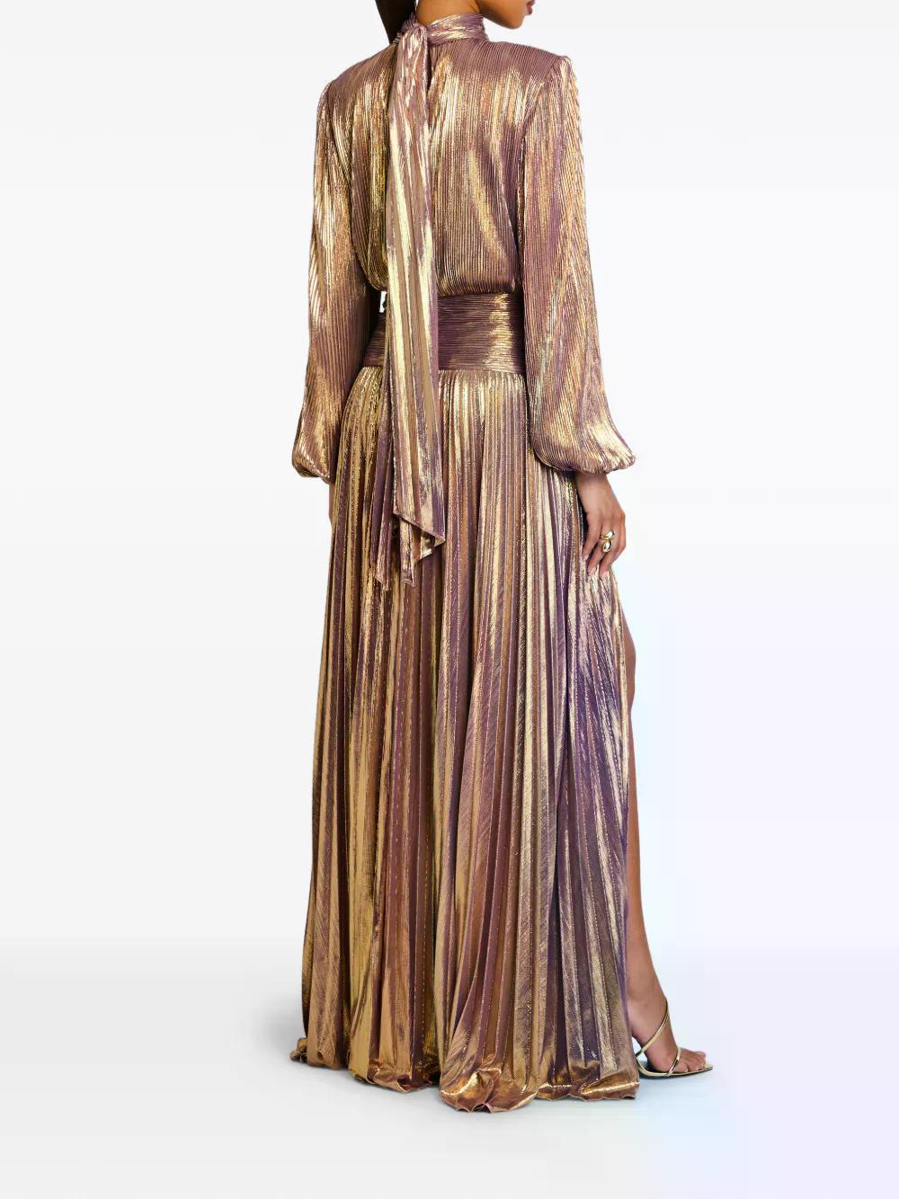 Retrofete Thalia Pleated Metallic Halter Maxi Dress - Port | Editorialist Retrofete Thalia Pleated Metallic Halter Maxi Dress - Port | Editorialist