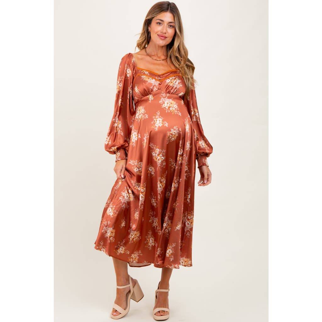 PINKBLUSH Satin Floral Bubble Sleeve Midi Dress