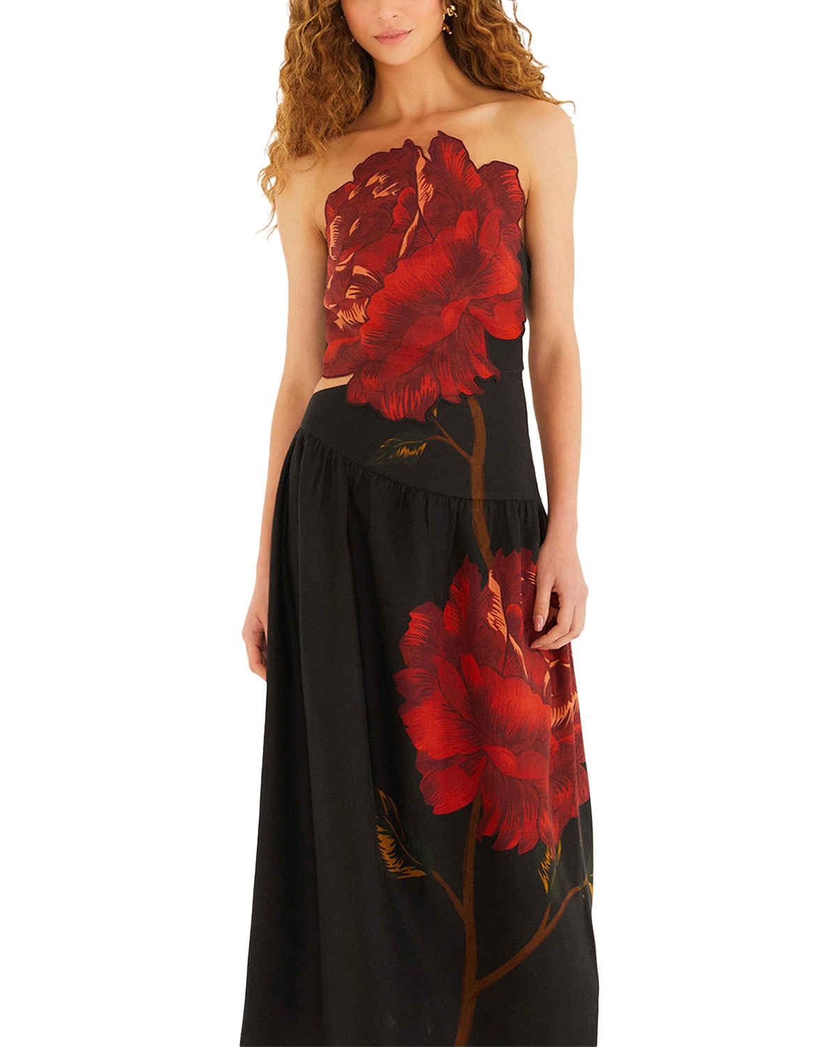 Farm Rio Black Rosalia Artisanal Strapless Midi Dress - Rosalia Placed Black | Editorialist Farm Rio Black Rosalia Artisanal Strapless Midi Dress - Rosalia Placed Black | Editorialist