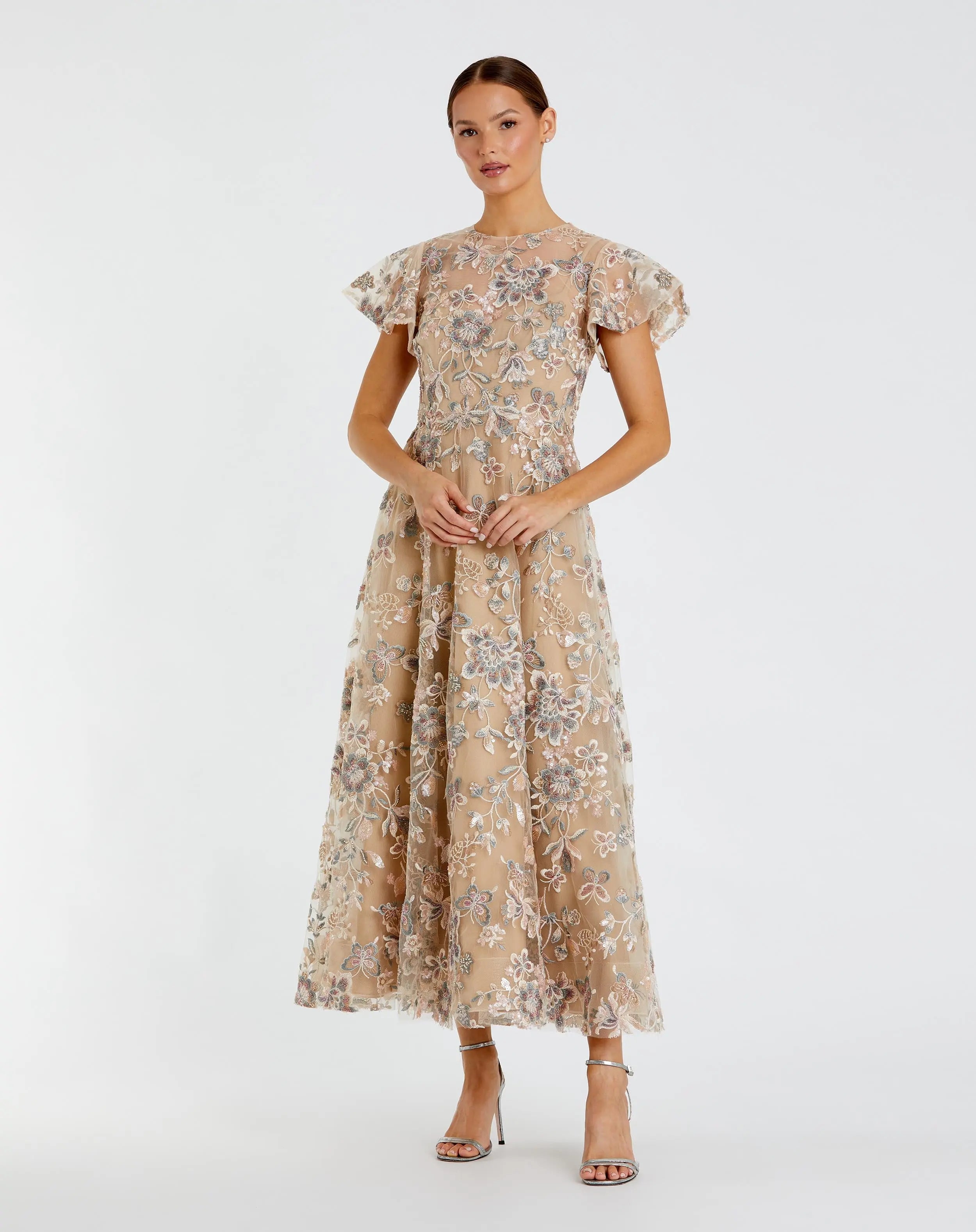 Mac Duggal Women's Embroidered Floral Mesh A-Line Midi Dress - Nude