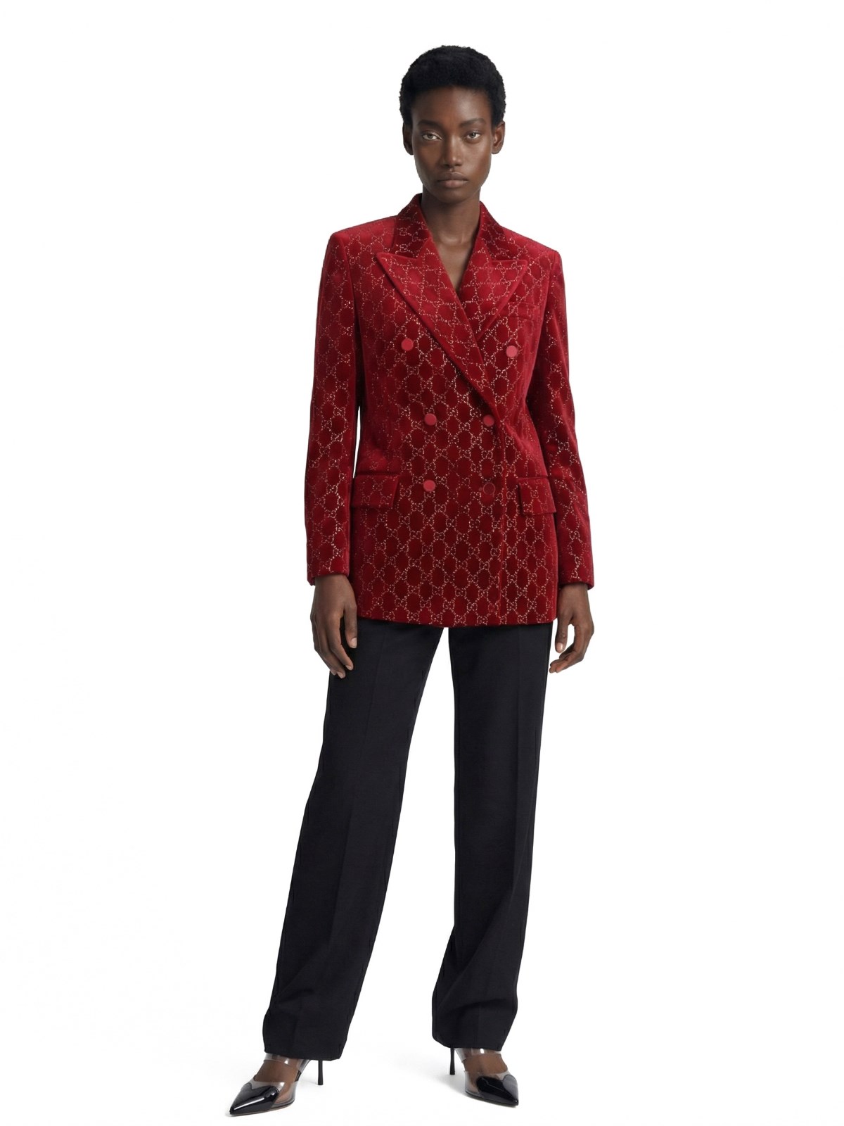Gucci Double-Breasted Velvet Blazer With Crystal Embellishments In